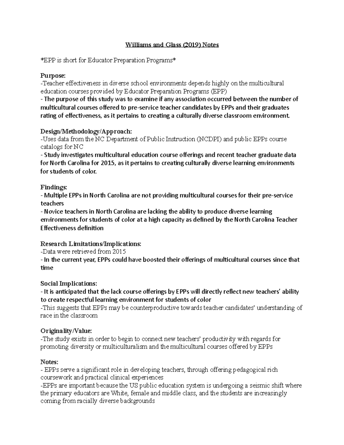 Williams and Glass Notes - Williams and Glass (2019) Notes EPP is short ...