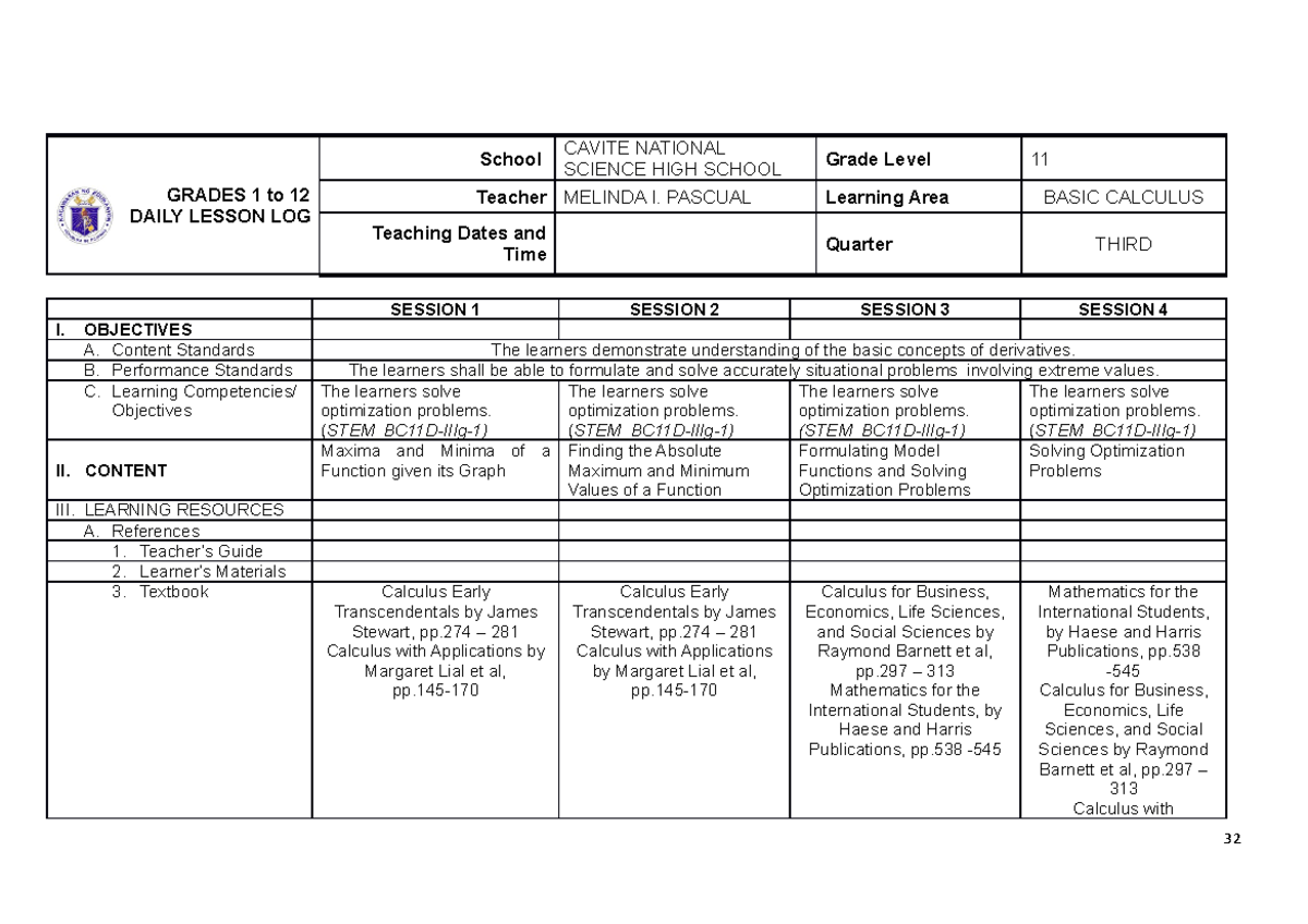 Calculus DLL WEEK 7 - GRADES 1 to 12 DAILY LESSON LOG School CAVITE ...