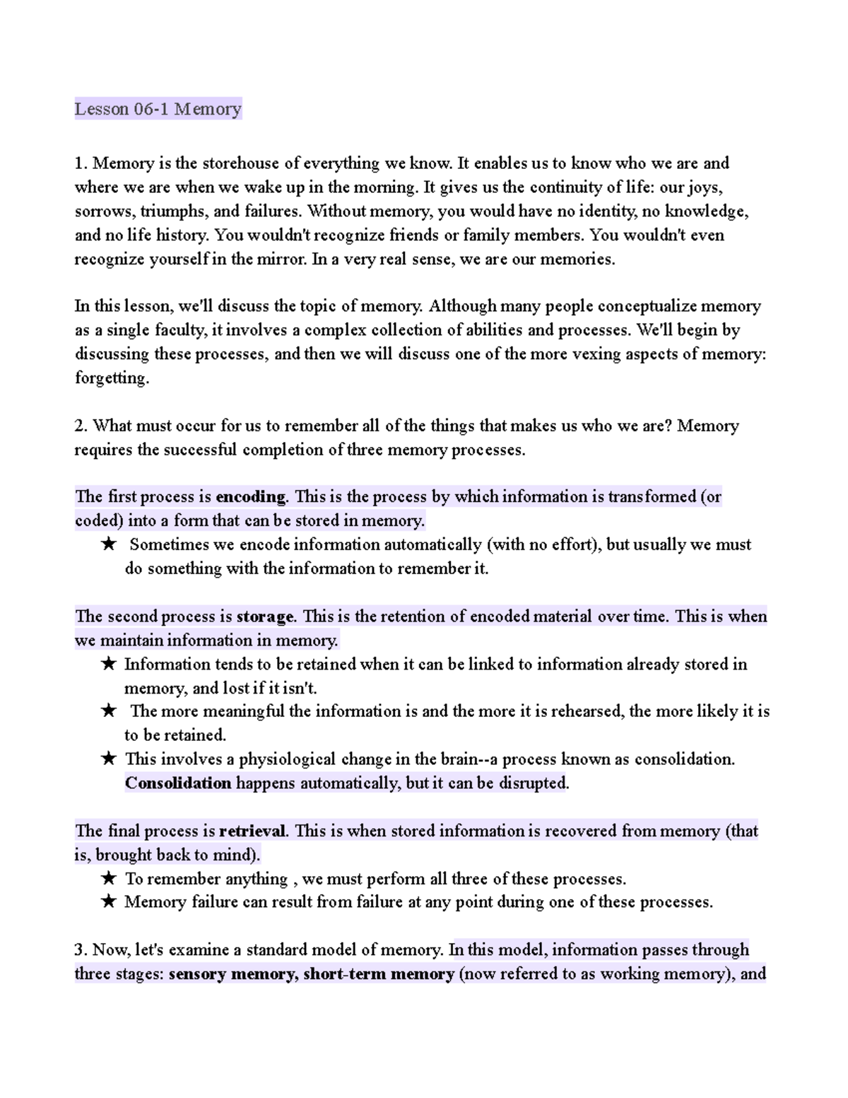 Lesson 06-1 Memory - Lesson 06-1 Memory Memory is the storehouse of ...