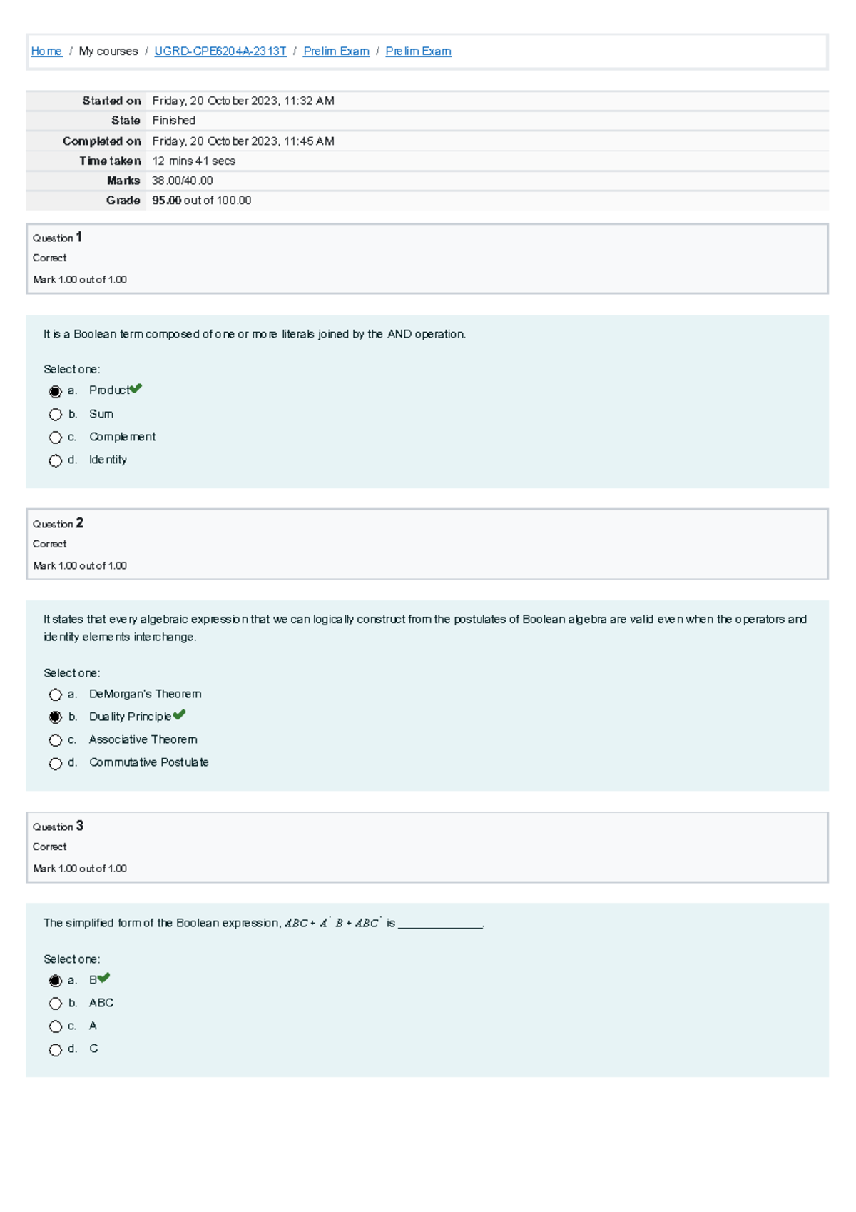 CPE6204A Logic Circuit and Design Prelim Exam Attempt review - Home / My courses / - Studocu