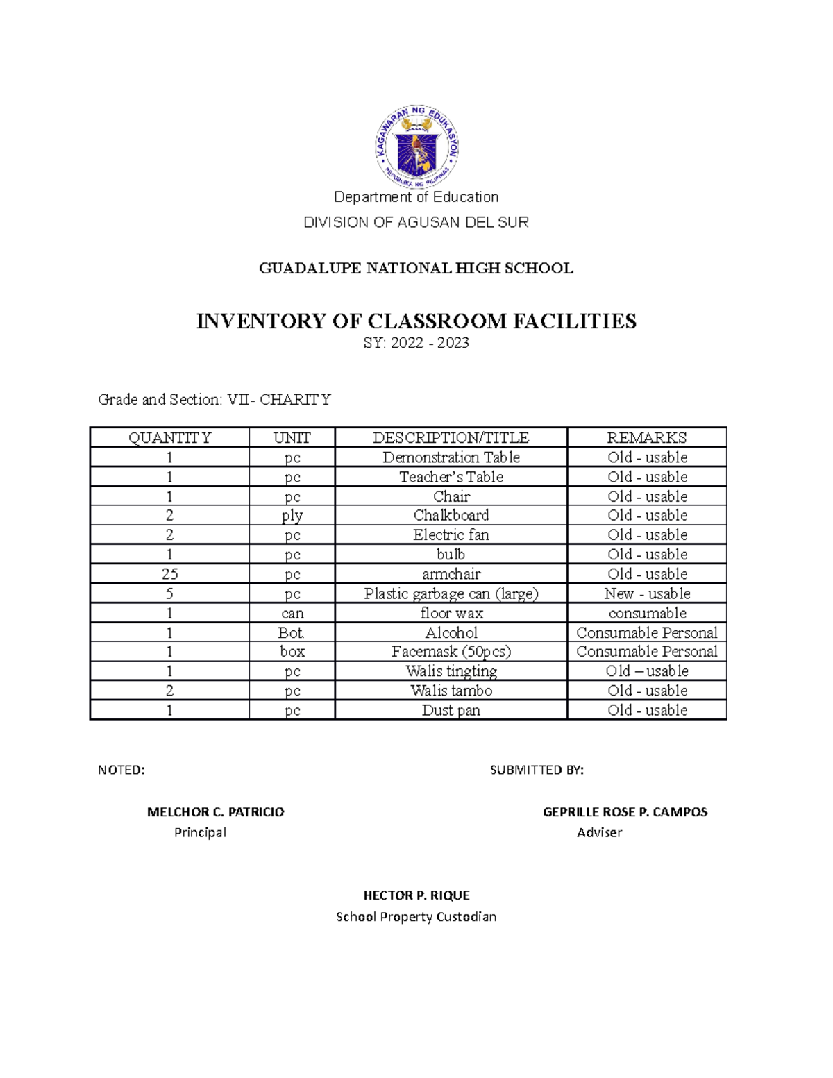 Iventory of Classroom Property 7 Charity - Department of Education ...