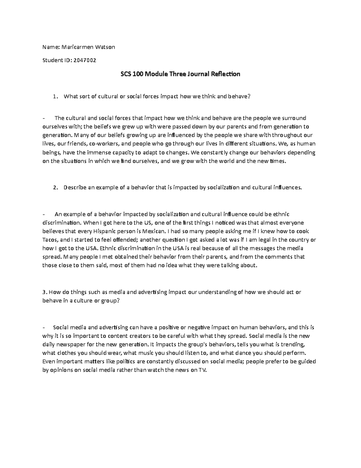 Journal reflection: cultural and social forces - Maricarmen Watson ...