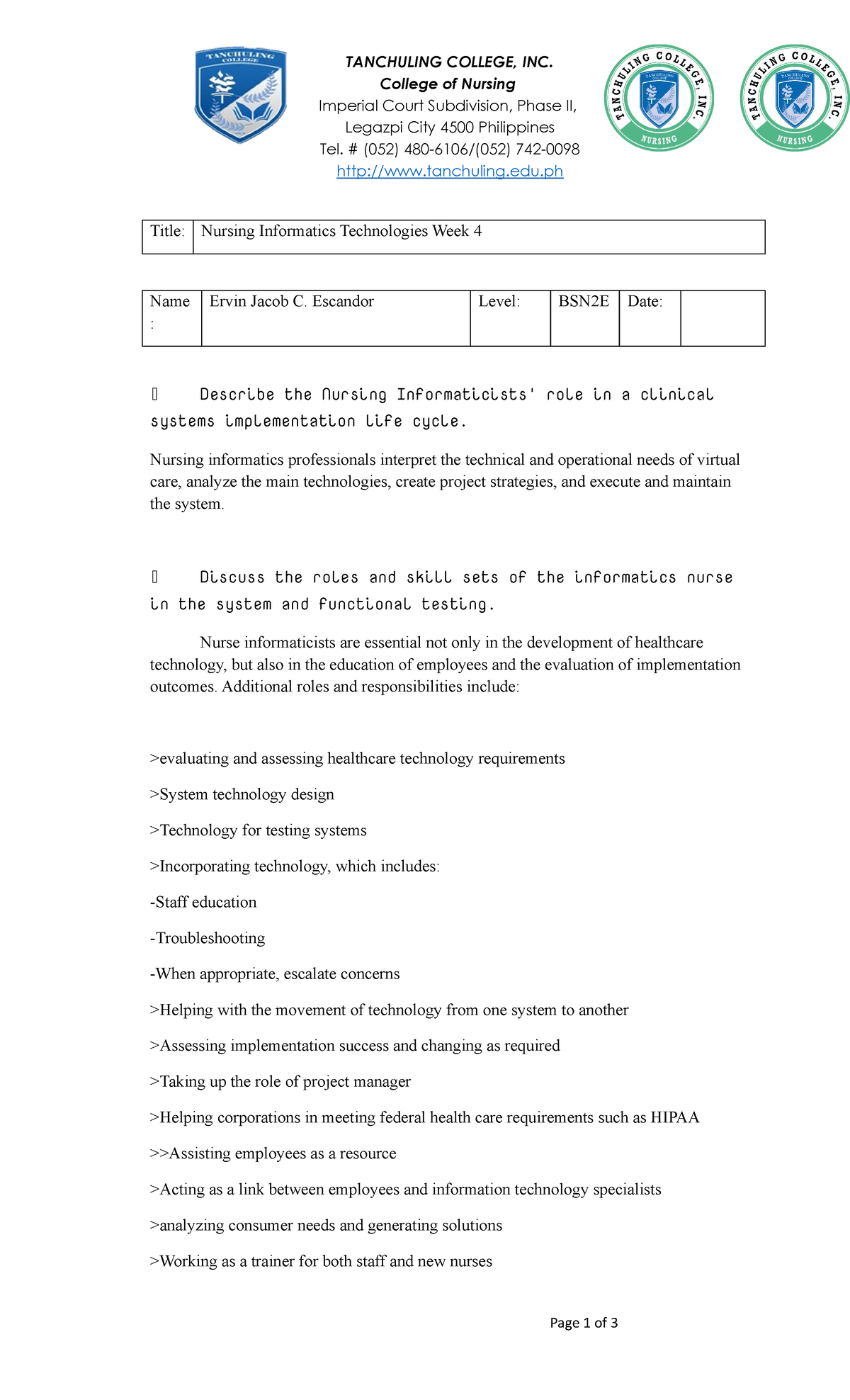 Nursing Informatics Technologies week 4 - TANCHULING COLLEGE, INC ...