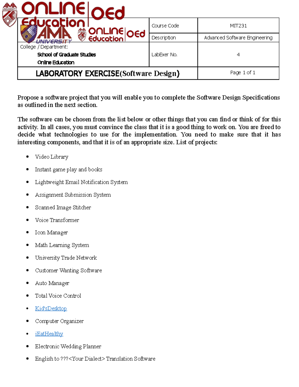 Week005-Laboratory Exercise 004-Software Design - Course Code MIT ...