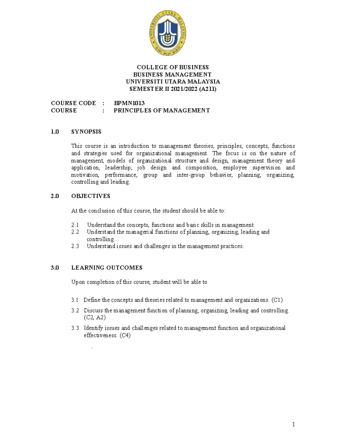 BPMN1013 syllabus. Students A211 - COLLEGE OF BUSINESS BUSINESS ...