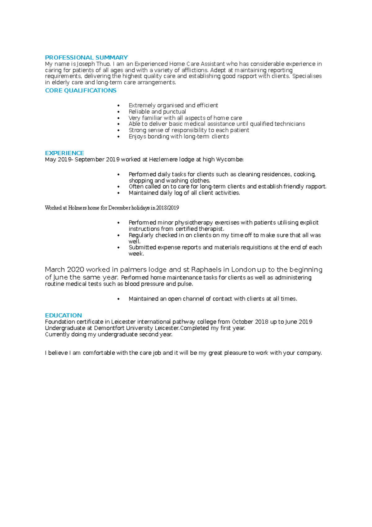 Curriculum Vitae - clearly structured - PROFESSIONAL SUMMARY My name is ...