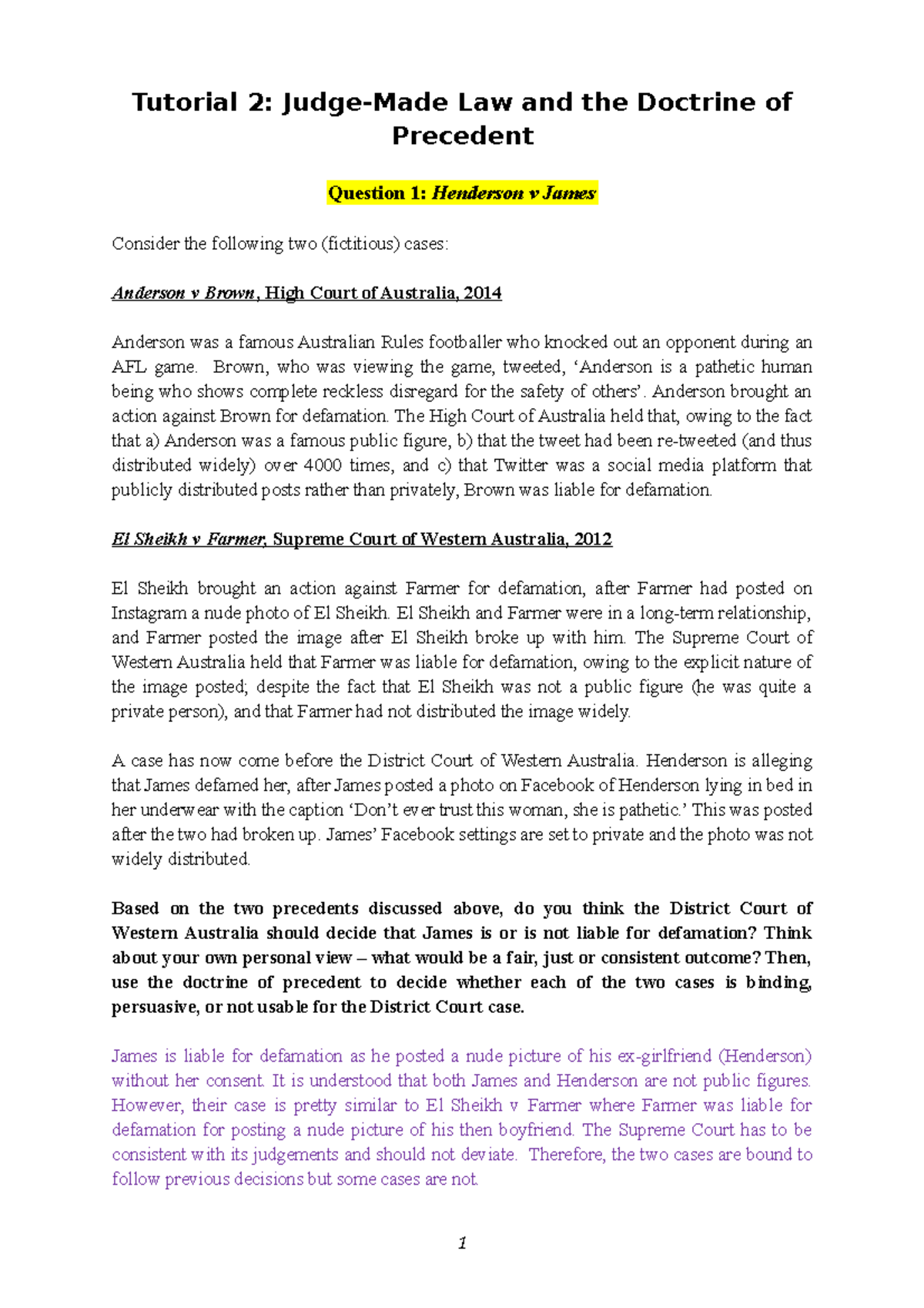 Tutorial 2 - Judge-Made Law and the Doctrine of Precedent - Tutorial 2 ...