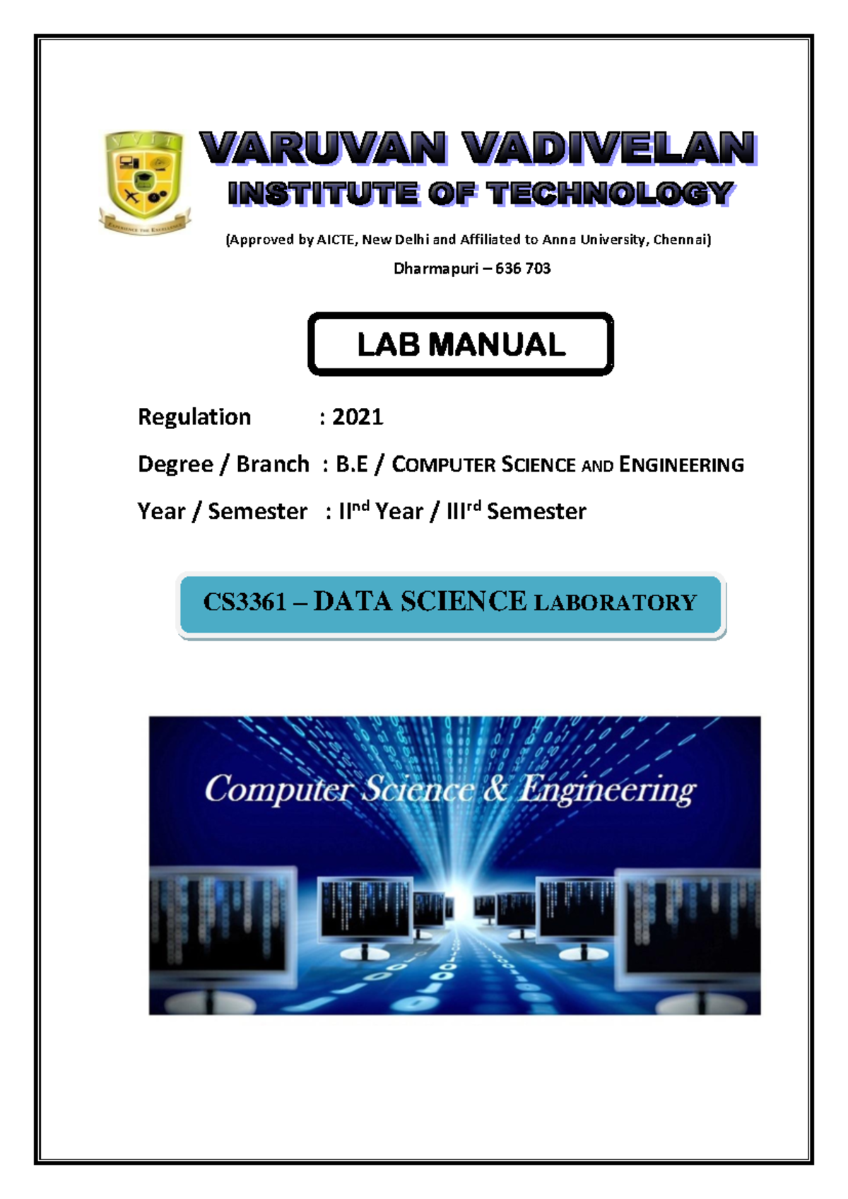 Cs3361 Data Science Lab Manual Approved By Aicte New Delhi And Affiliated To Anna 