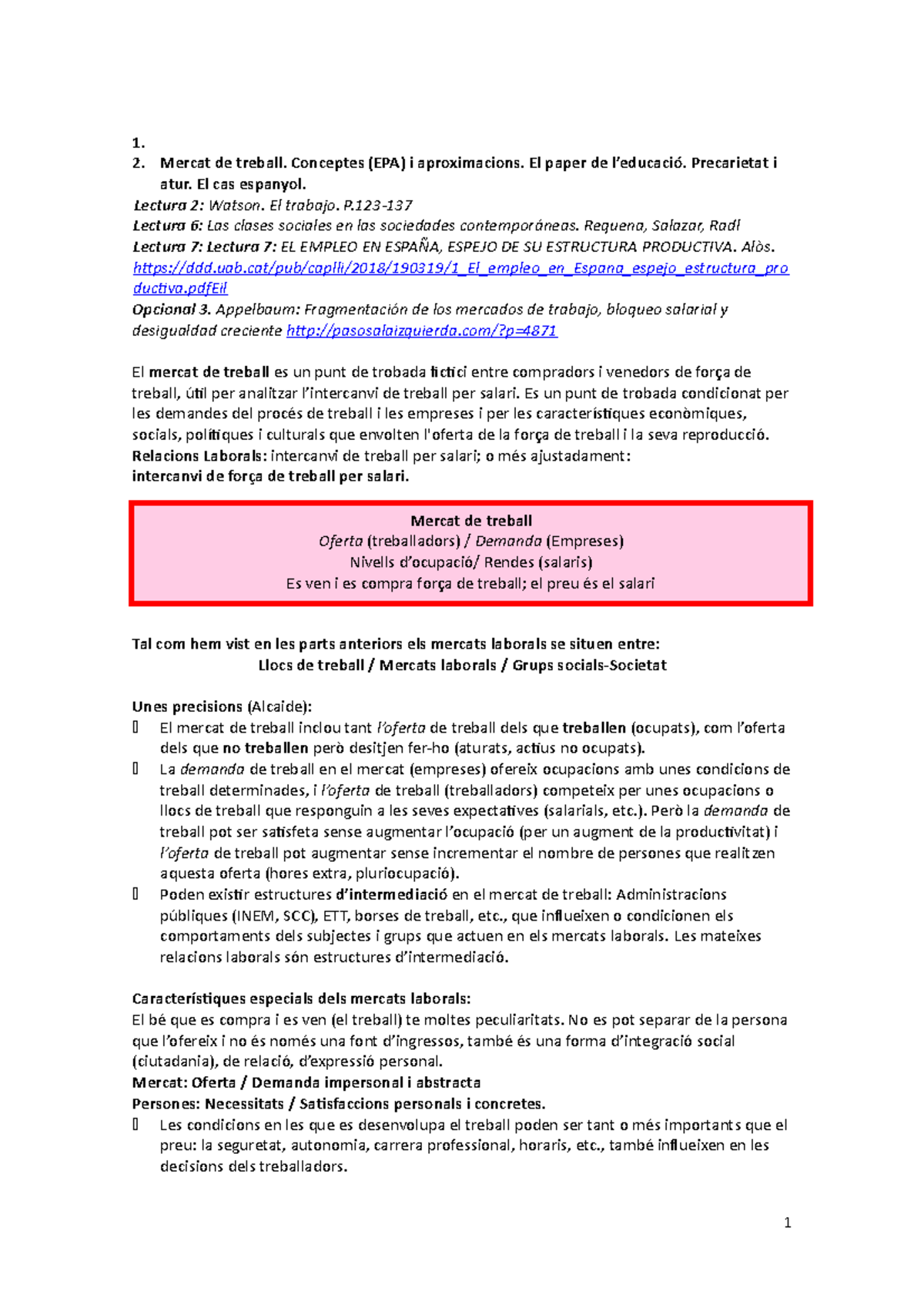 Tema 6. Mercat de treball - 1. 2. Mercat de treball. Conceptes (EPA) i ...