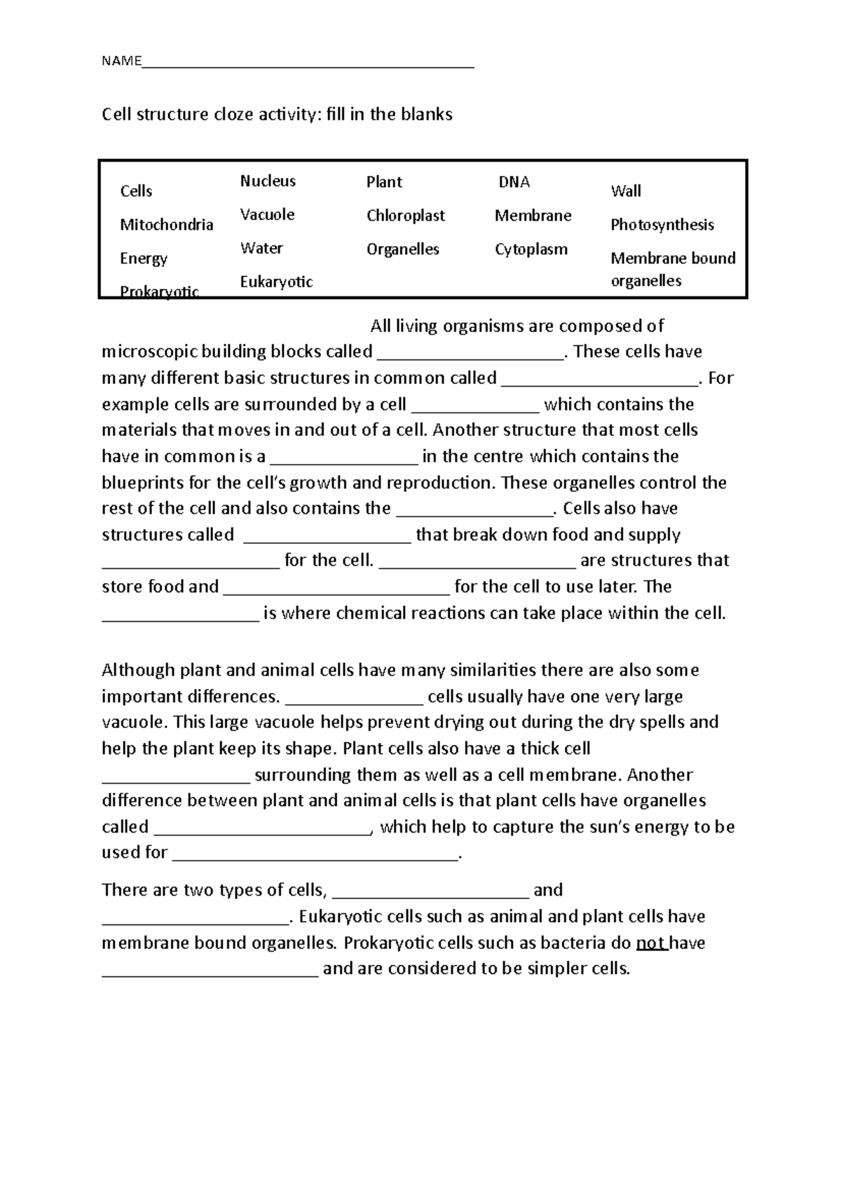 Cell structure cloze activity - NAME ...