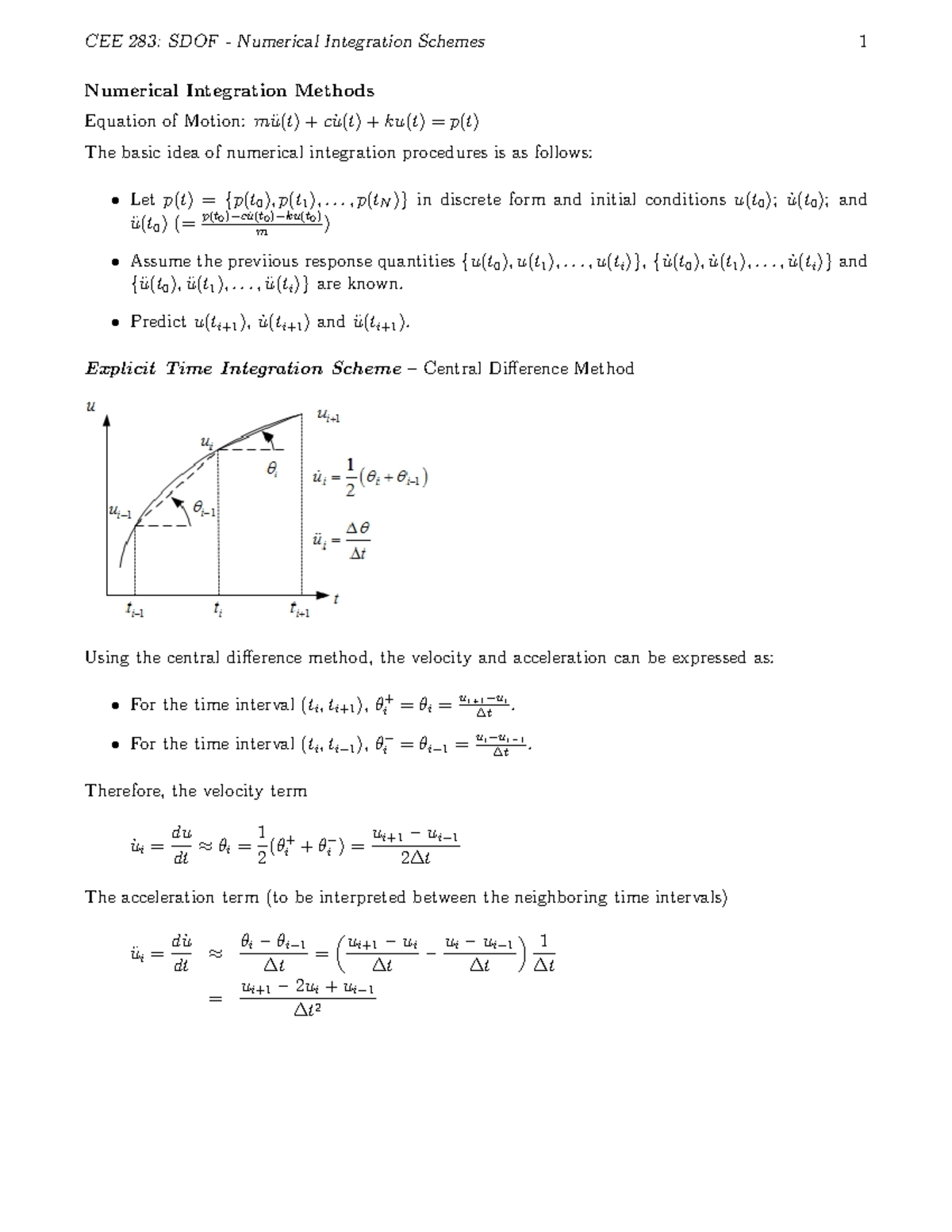 Note 07 SDOF - Time Integration Methods - CEE 283: SDOF - Numerical Integration Schemes 1 ...