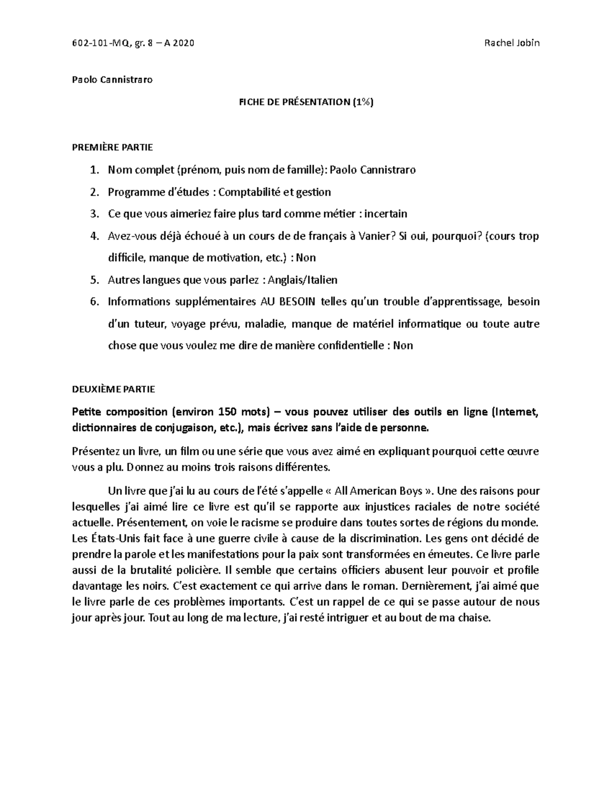 2-Fiche de présentation 101, gr. 8 - 602-101-MQ, gr. 8 – A 2020 Rachel Jobin Paolo Cannistraro ...