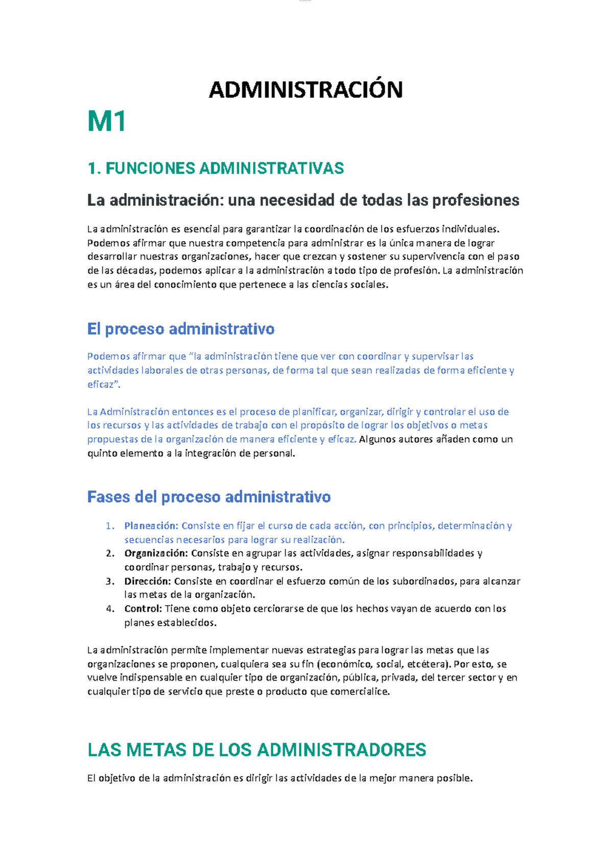 Administración - Resumen M1 Y M2 - ADMINISTRACIÓN M 1. FUNCIONES ...