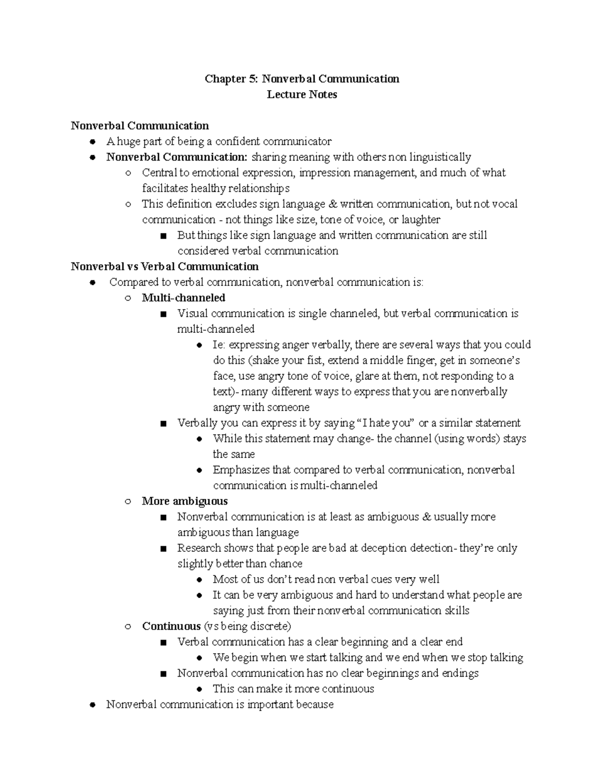 Chapter 5- Lecture Notes - Chapter 5: Nonverbal Communication Lecture ...