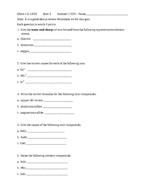 Quiz 5 - Take home quiz for summer chemistry - Chem 1311 Quiz 5 Summer ...