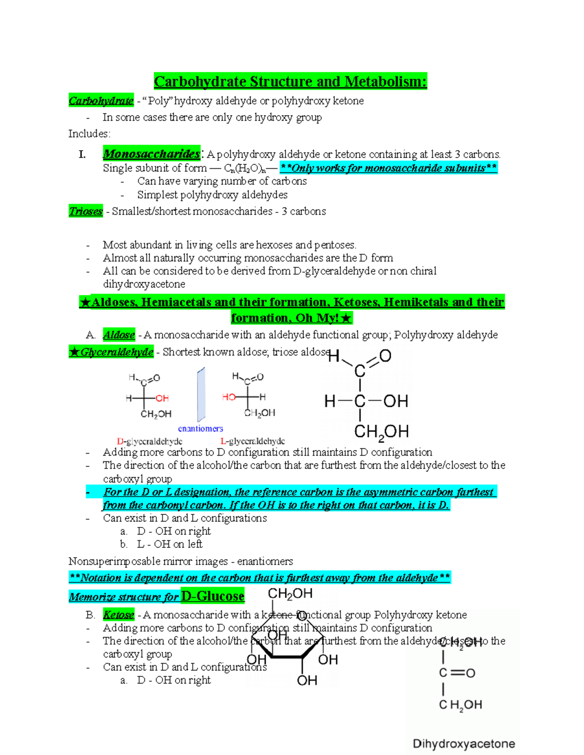 Unit 2.2 Notes Carbohydrates - Carbohydrate Structure and Metabolism ...