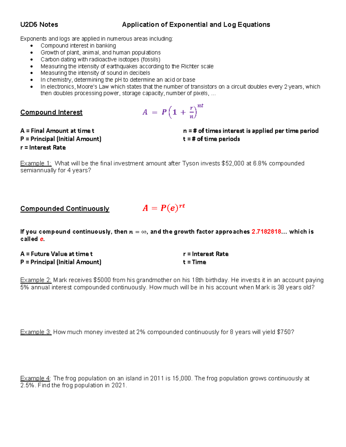 U2D5 - Notes - Application of Exponential and Log Equations - U2D5 ...