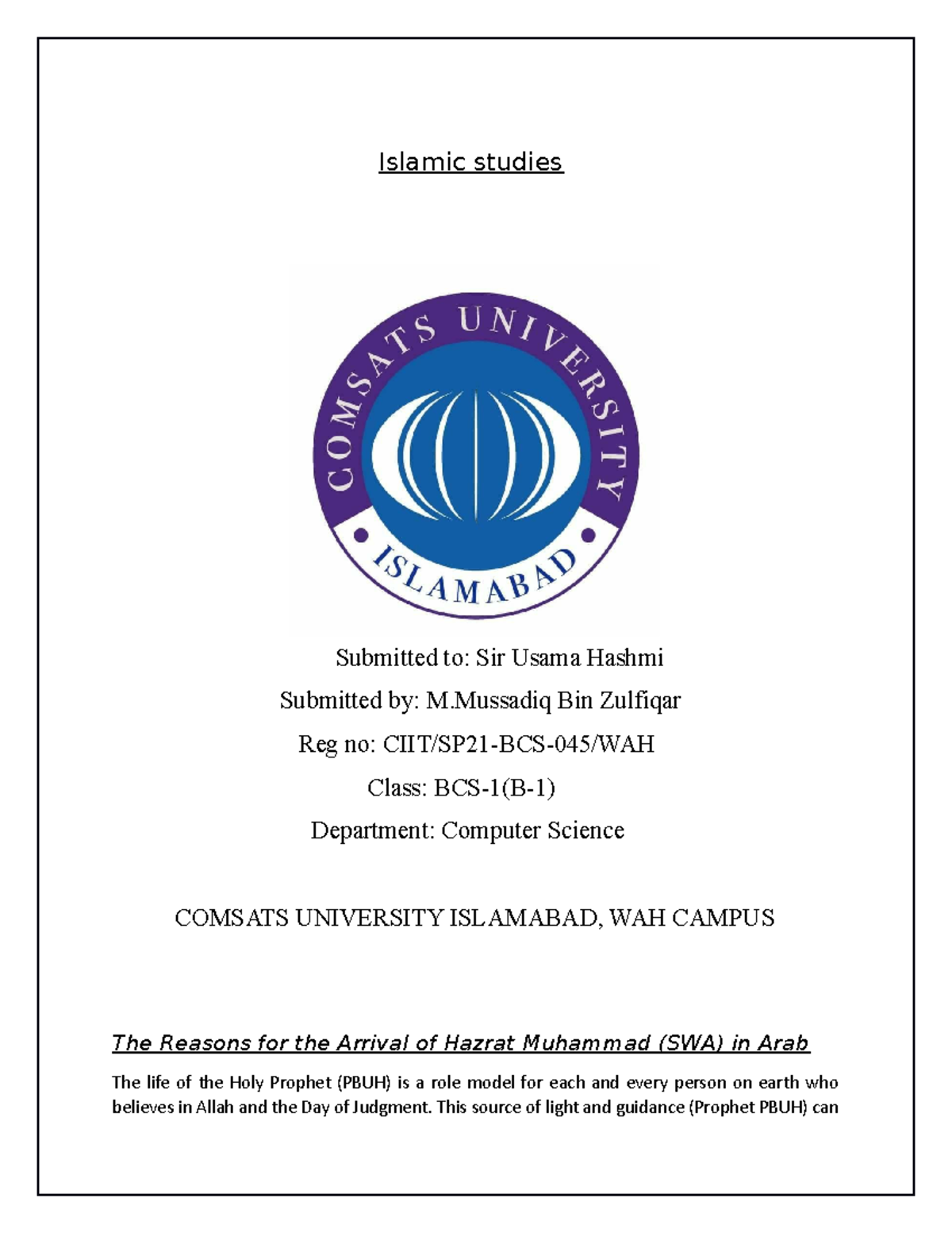 Islamic studies - Assignment - Islamic studies Submitted to: Sir Usama ...