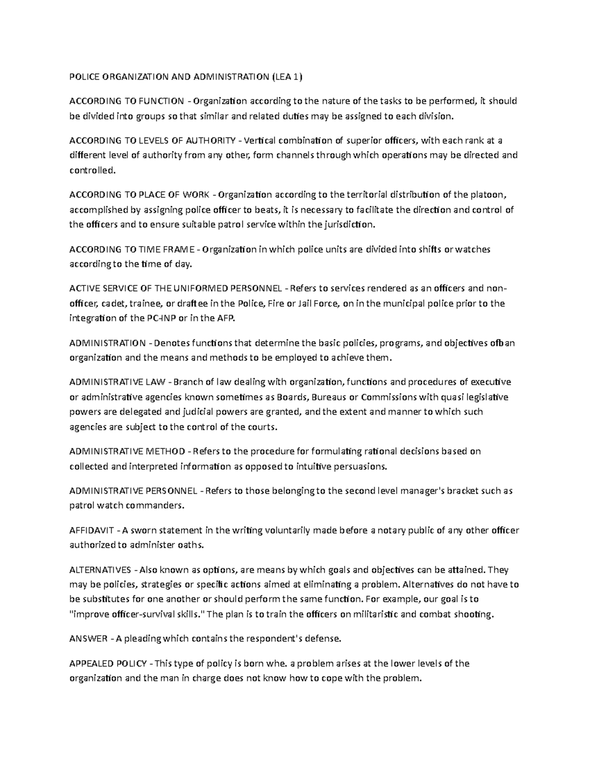 LEA 1 Definition OF Terms - POLICE ORGANIZATION AND ADMINISTRATION (LEA ...