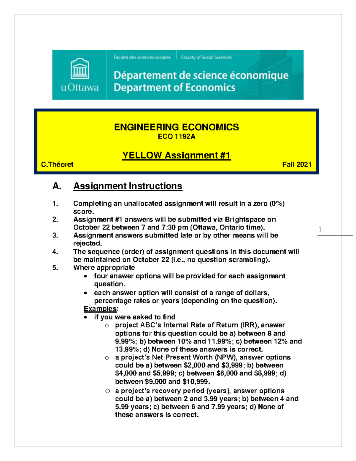 F21 1192A Yellow Assignment #1 - 1 A. Assignment Instructions 1 ...