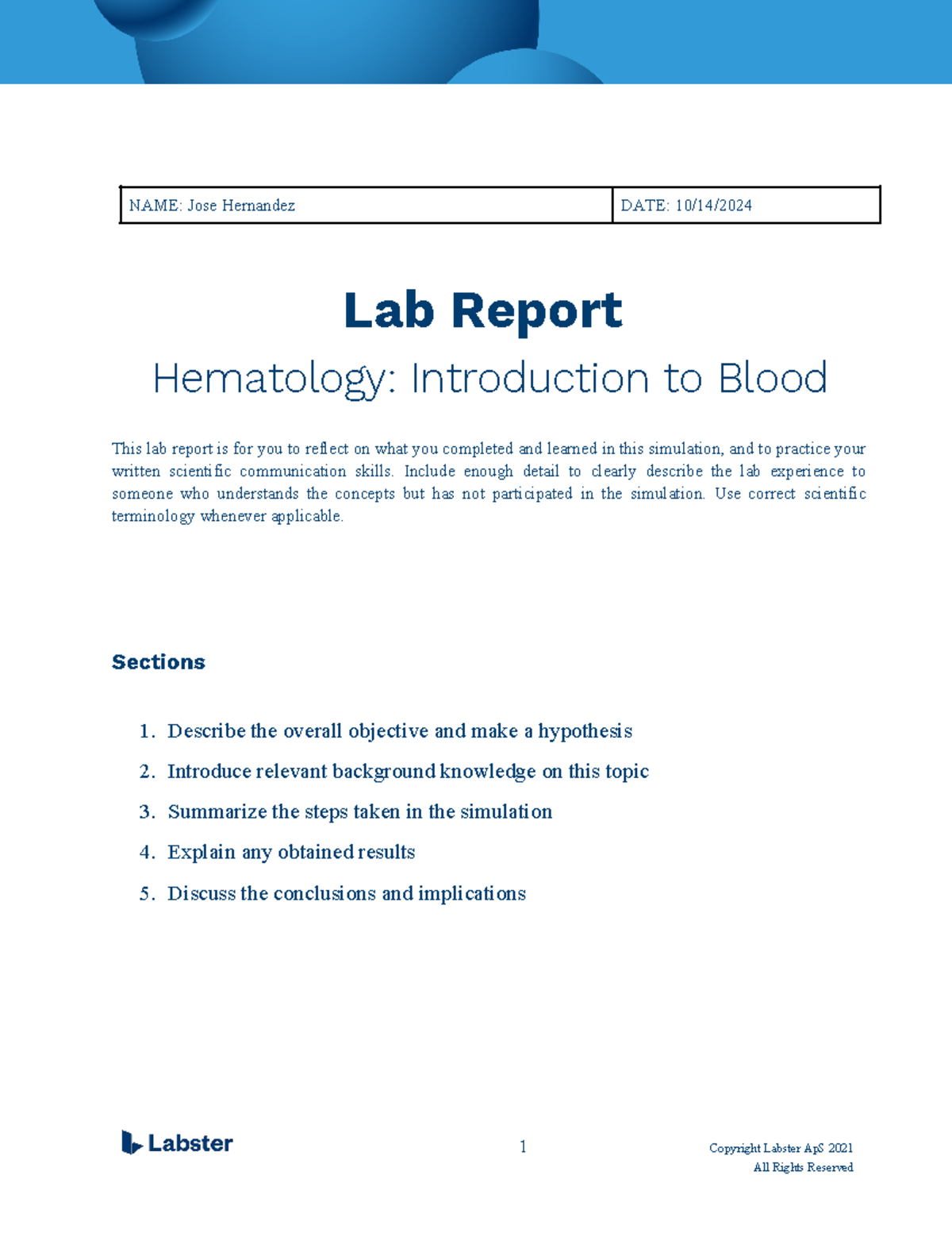 Lab Report Hematology Introduction to Blood - NAME: Jose Hernandez DATE ...