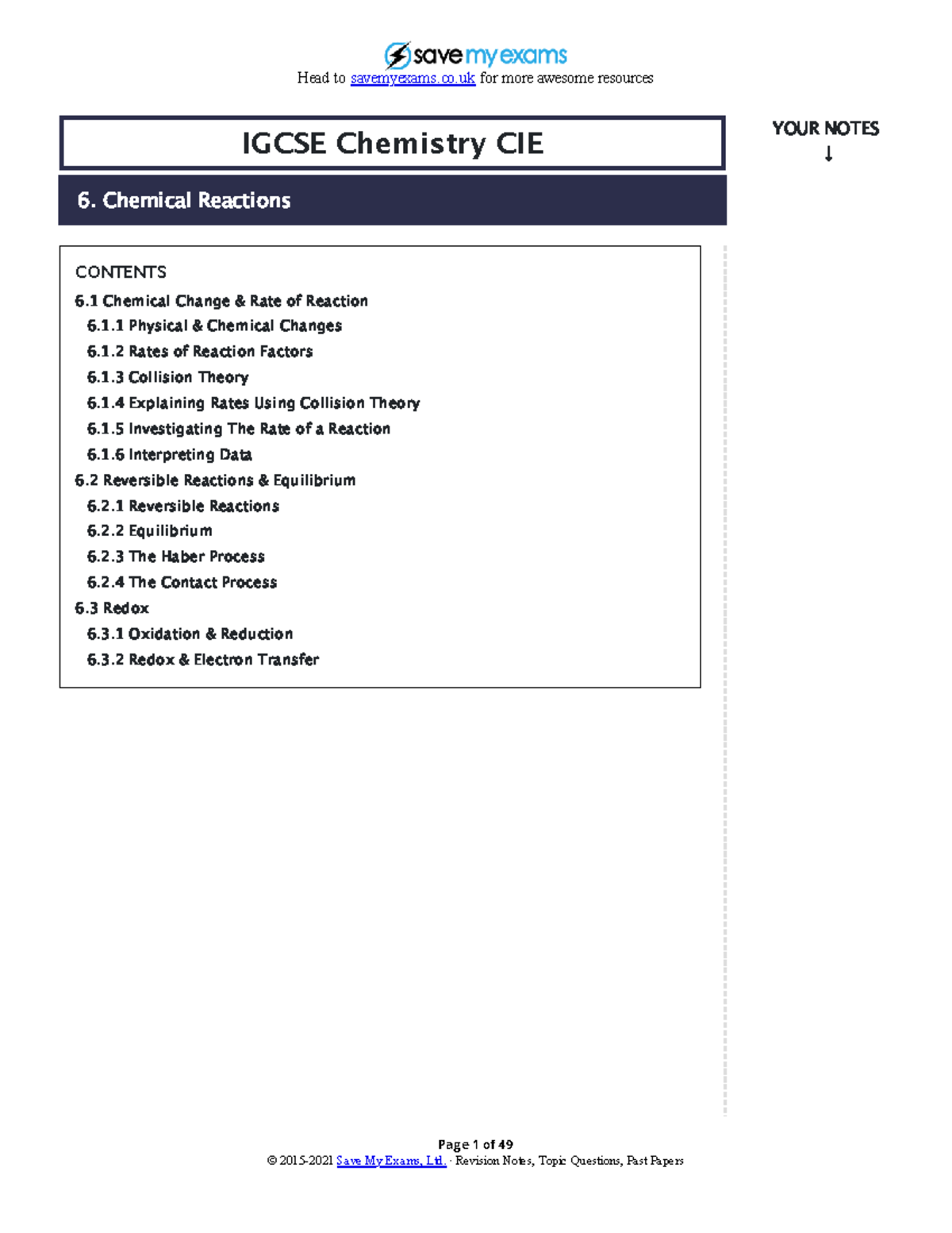 6 - sme notes - Page 1 of 49 IGCSE Chemistry CIE 6. Chemical Reactions ...