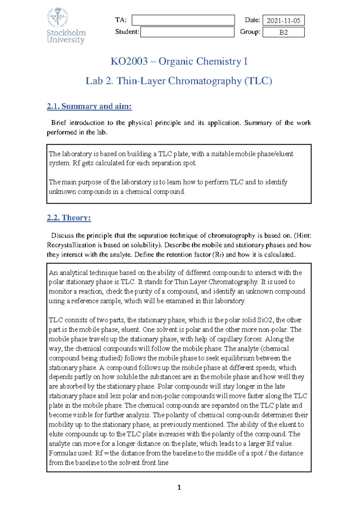 Lab Report Template - TLC (Thin Layer Chromatography) - KO3003 - SU ...