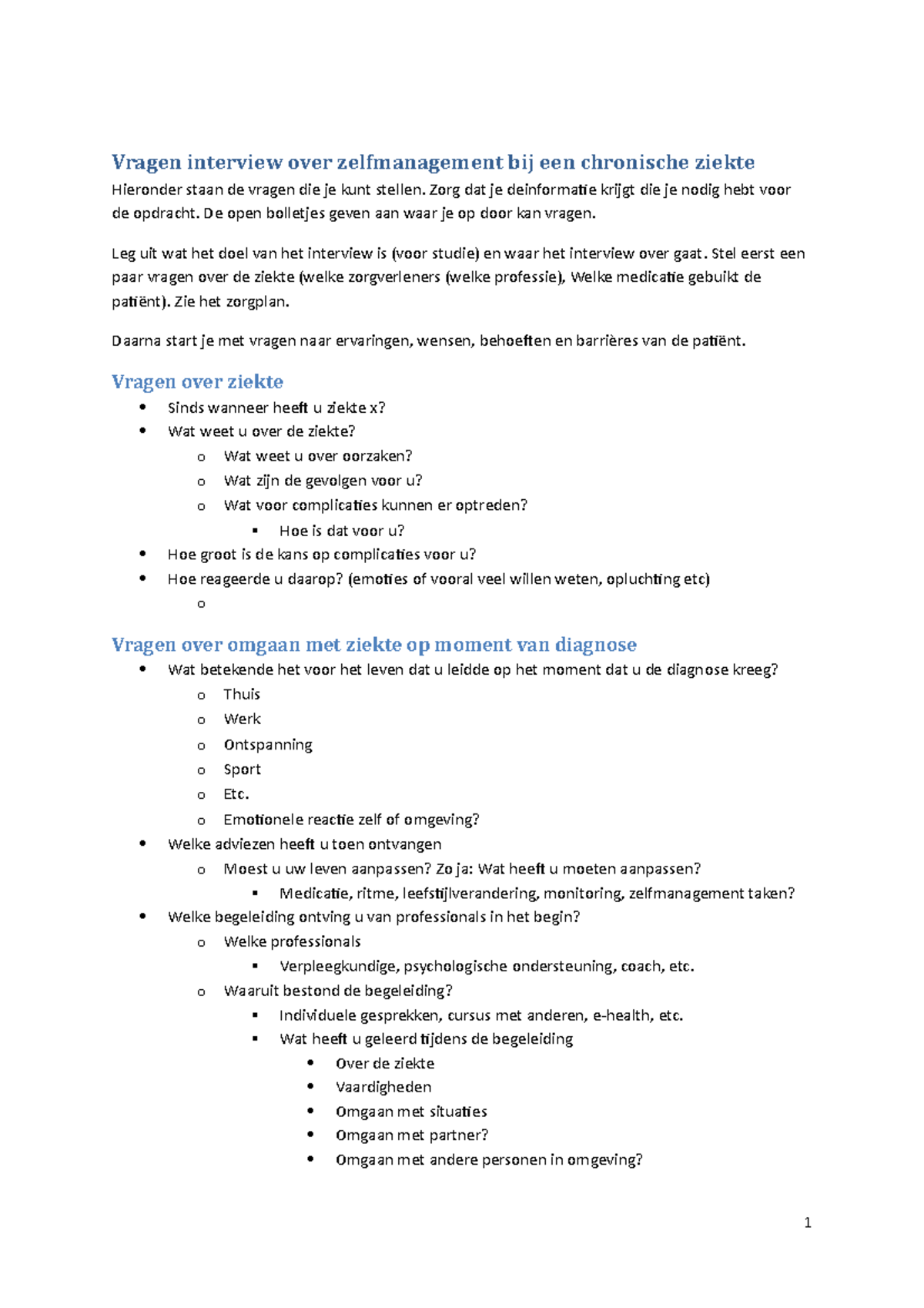 Vragen interview over zelfmanagement bij een chronische ziekte DEF ...