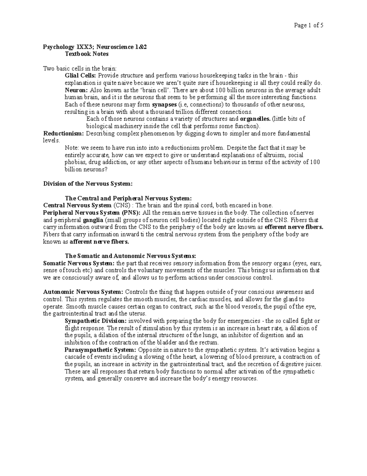 Psychology 1XX3; Neuroscience 1&2 Textbook Notes - Page 1! of 5 ...