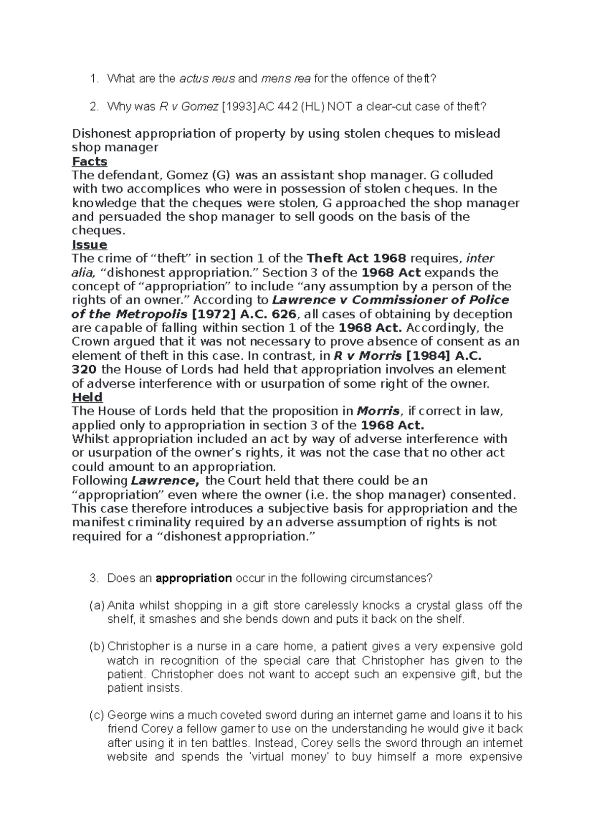 Theft - seminar - What are the actus reus and mens rea for the offence ...