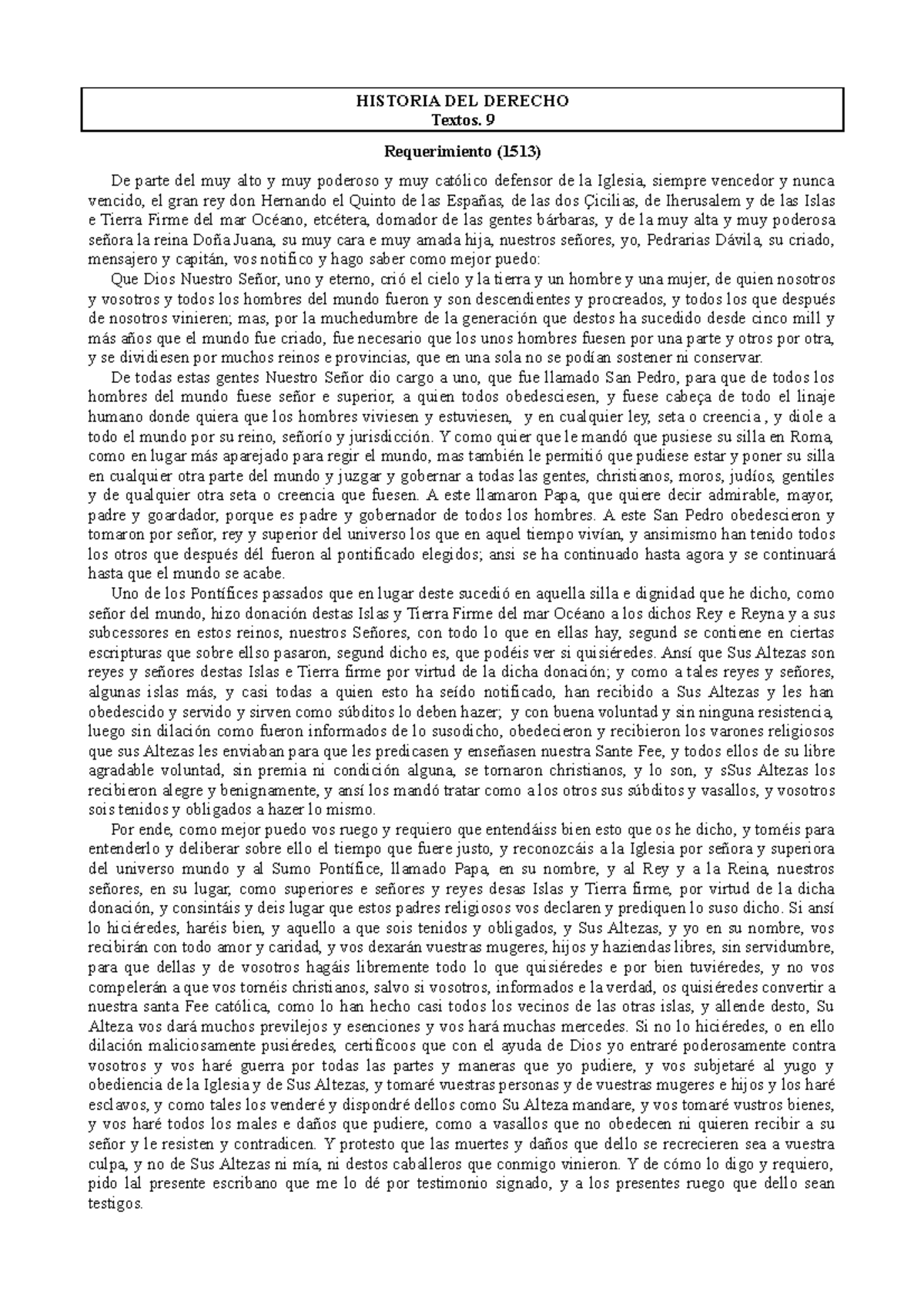 T9 Requerimiento - HISTORIA DEL DERECHO Textos. 9 Requerimiento (1513 ...