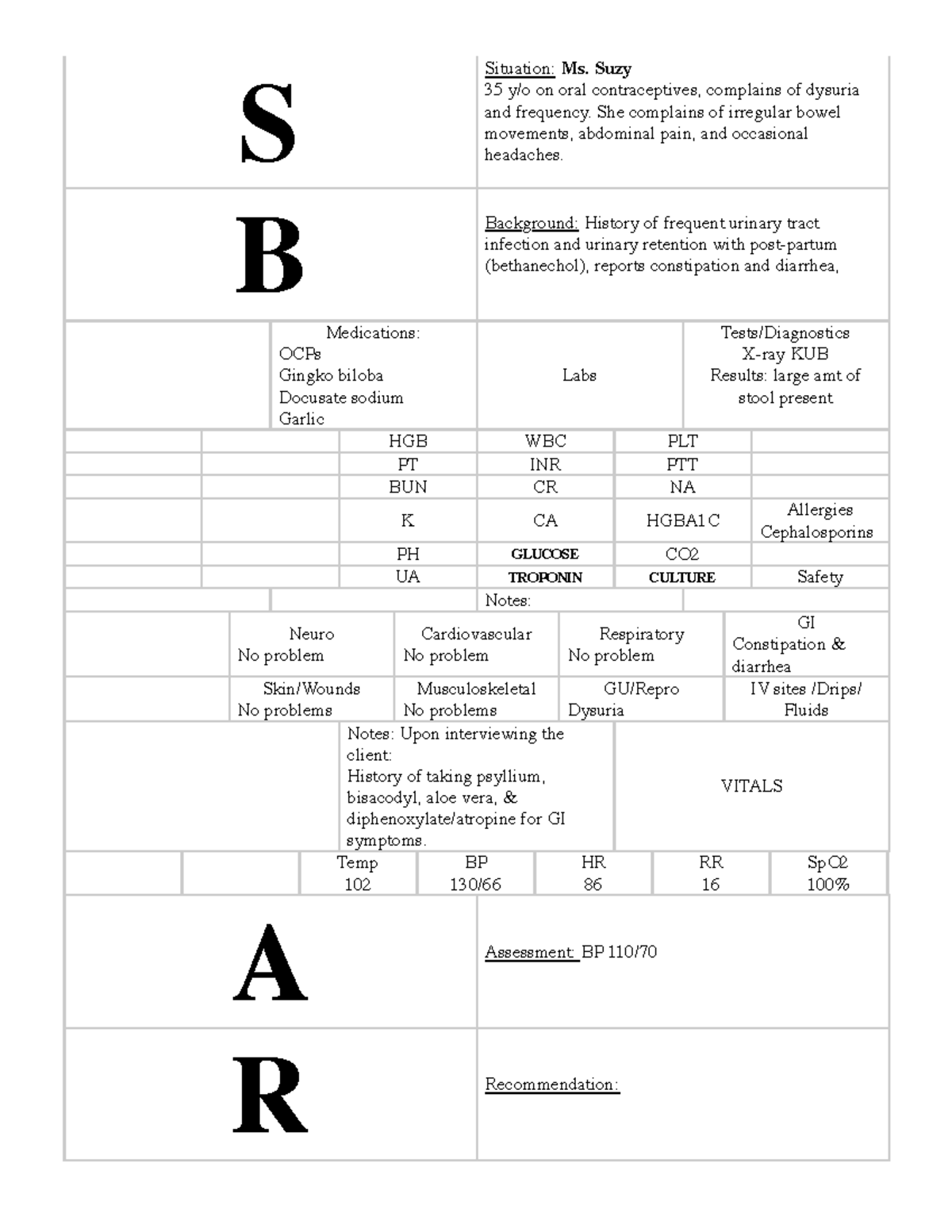 (PDF) SBAR Case Study 35 yo Unit 1 Clinical Judgement Assignment - S ...