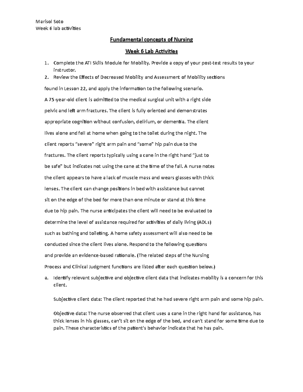 Mobility Skills Lab worksheet funds - Marisol Soto Week 6 lab ...