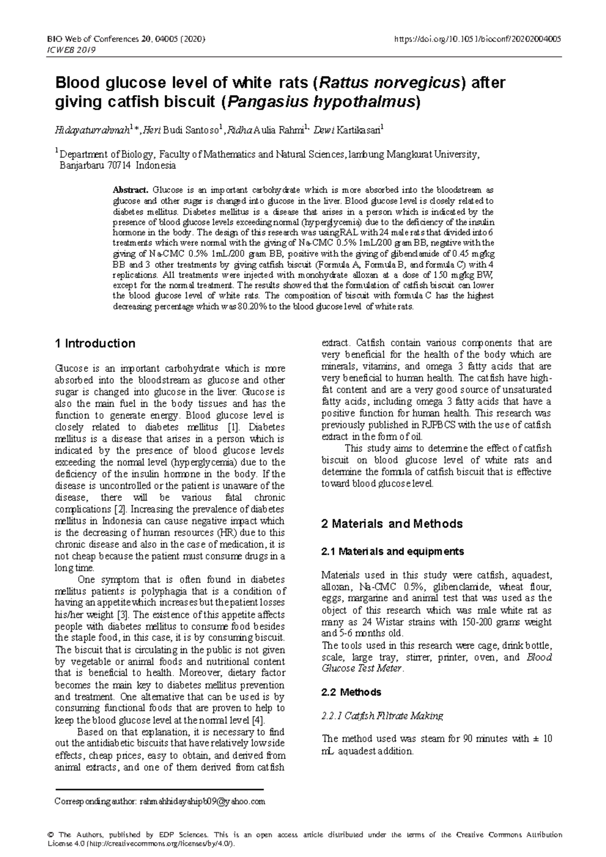 Bioconf icweb 2019 04005 - Corresponding author: rahmahhidayahipb09@yahoo Blood glucose level of ...