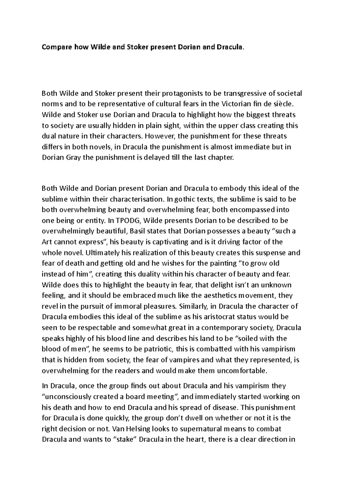 Drac essay - Compare how Wilde and Stoker present Dorian and Dracula ...