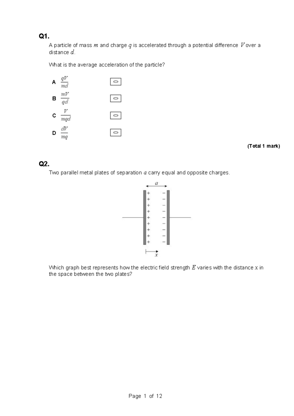 A2 - Electric fields practice Qs (& MS) - Q1. A particle of mass m and ...