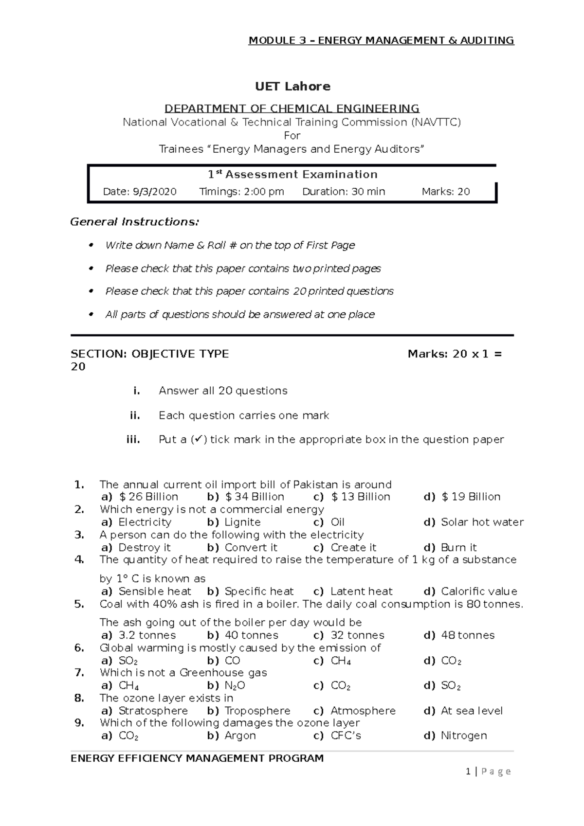 Objective Type Paper of Energy Management & Auditing for Energy ...