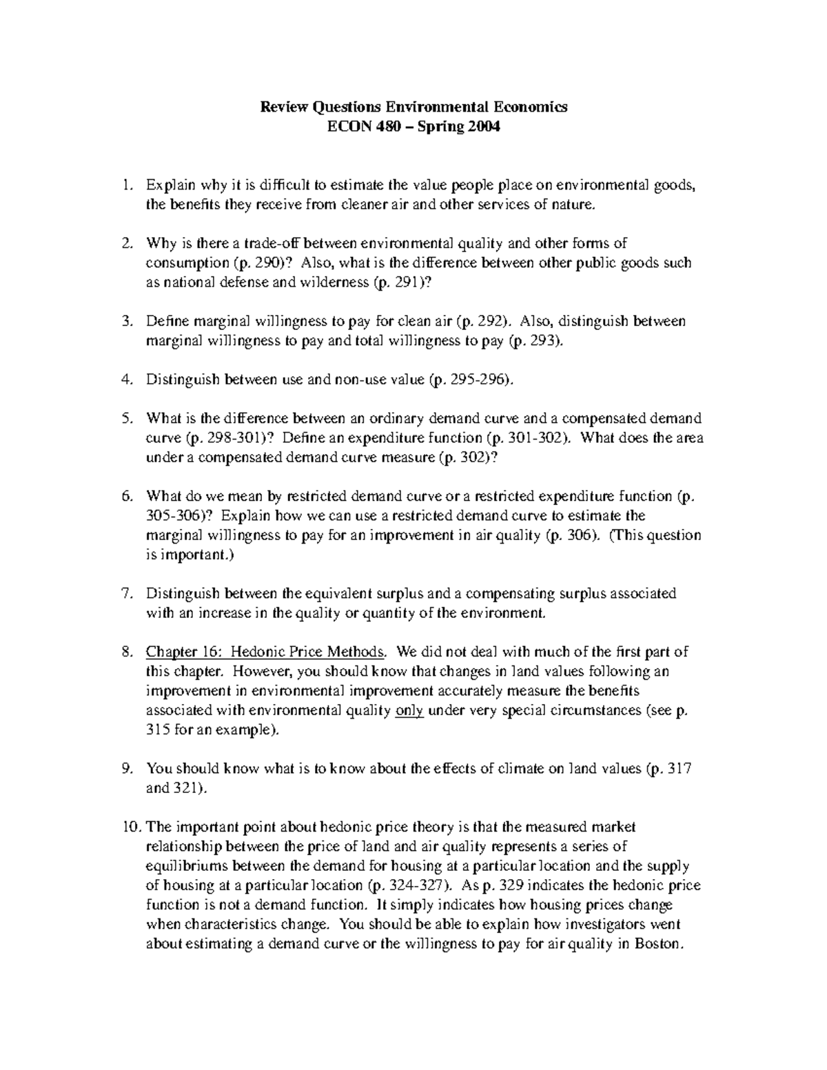 480 Review Questions - Review Questions Environmental Economics ECON ...