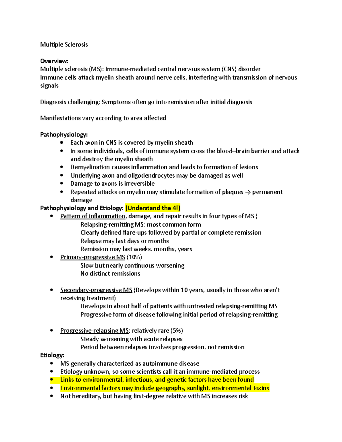 MS Notes - Multiple Sclerosis Overview: Multiple sclerosis (MS): Immune ...