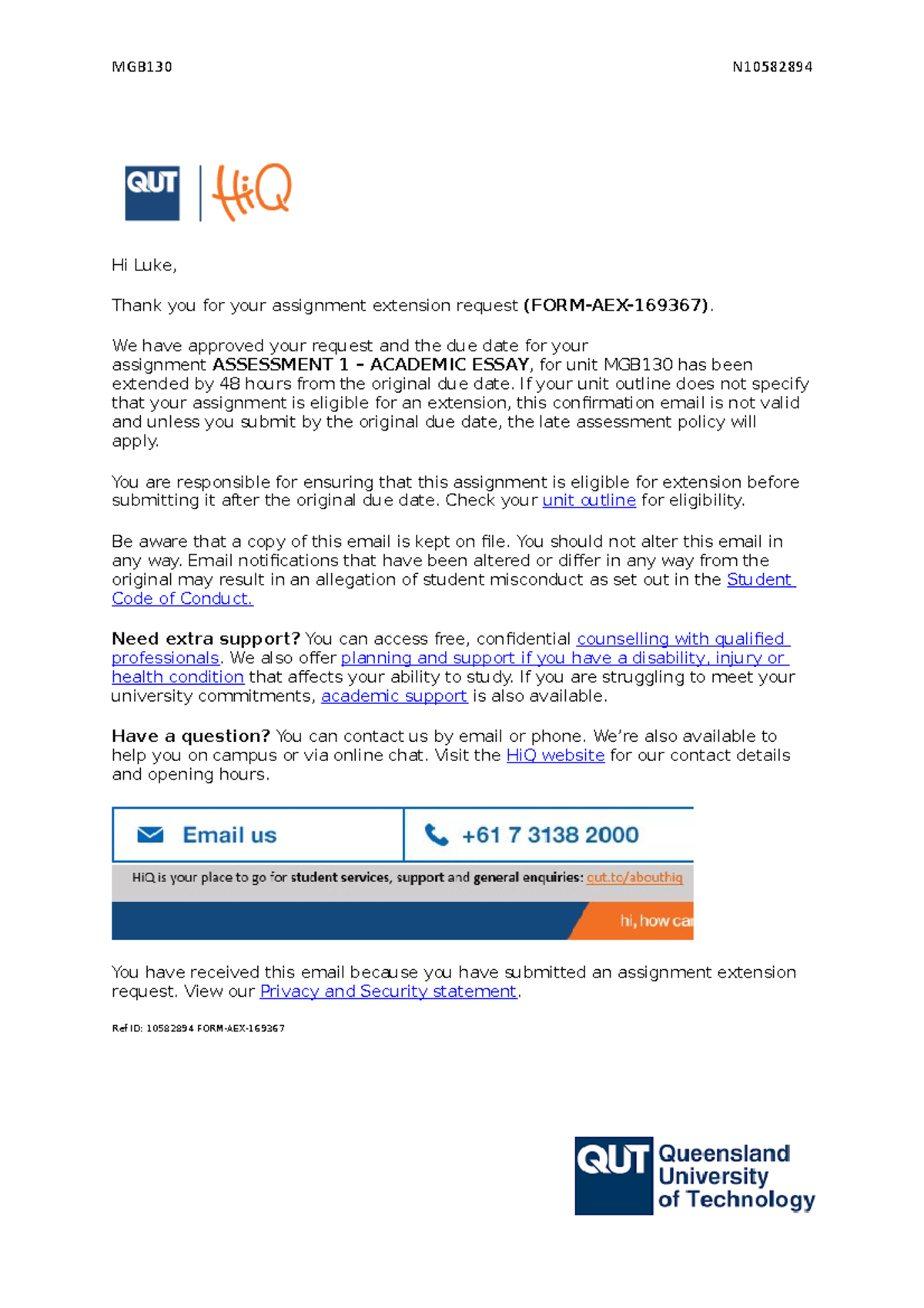 Assessment 1 - Hi Luke, Thank you for your assignment extension request ...