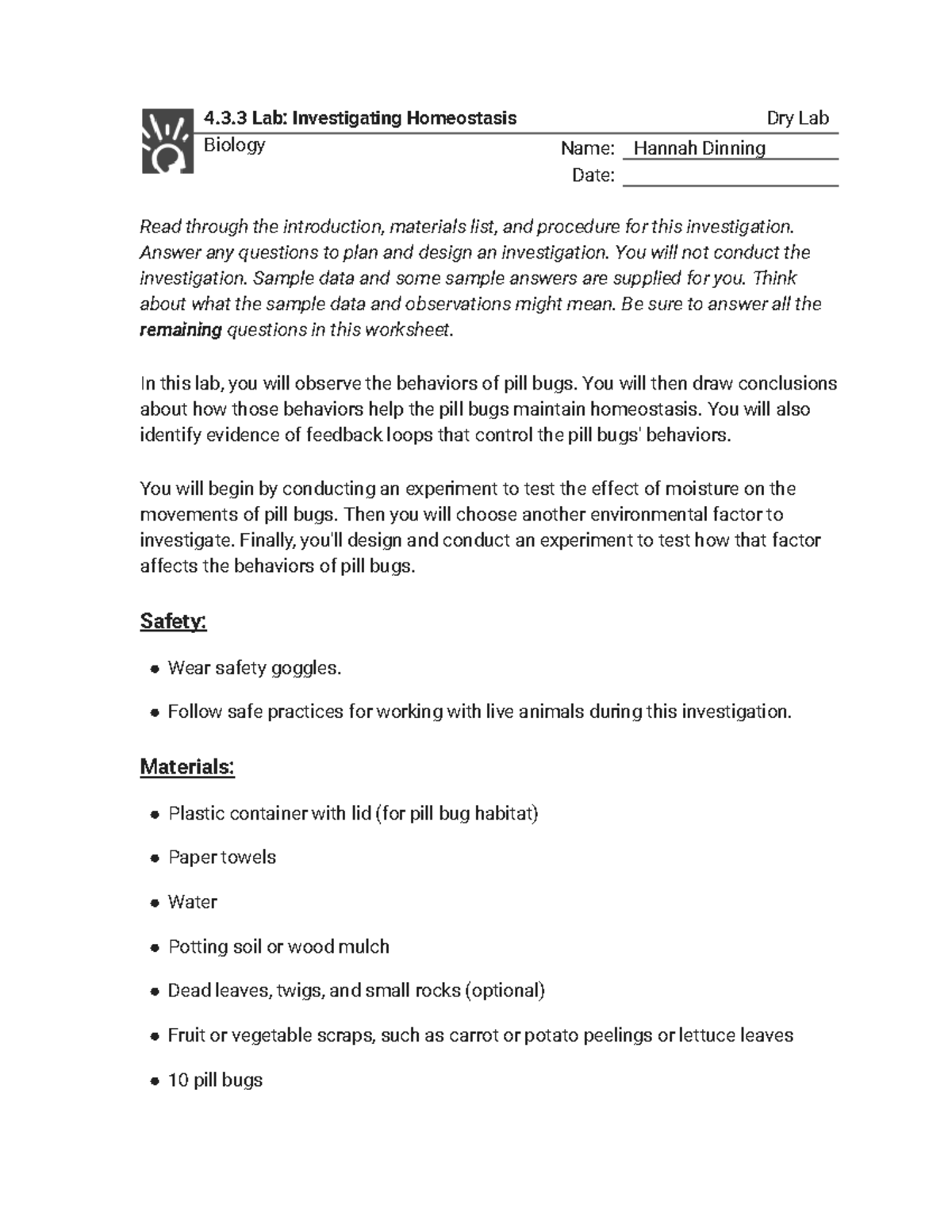 4.3.3 Lab - Investigating Homeostasis (Dry lab) - 4.3 Lab ...