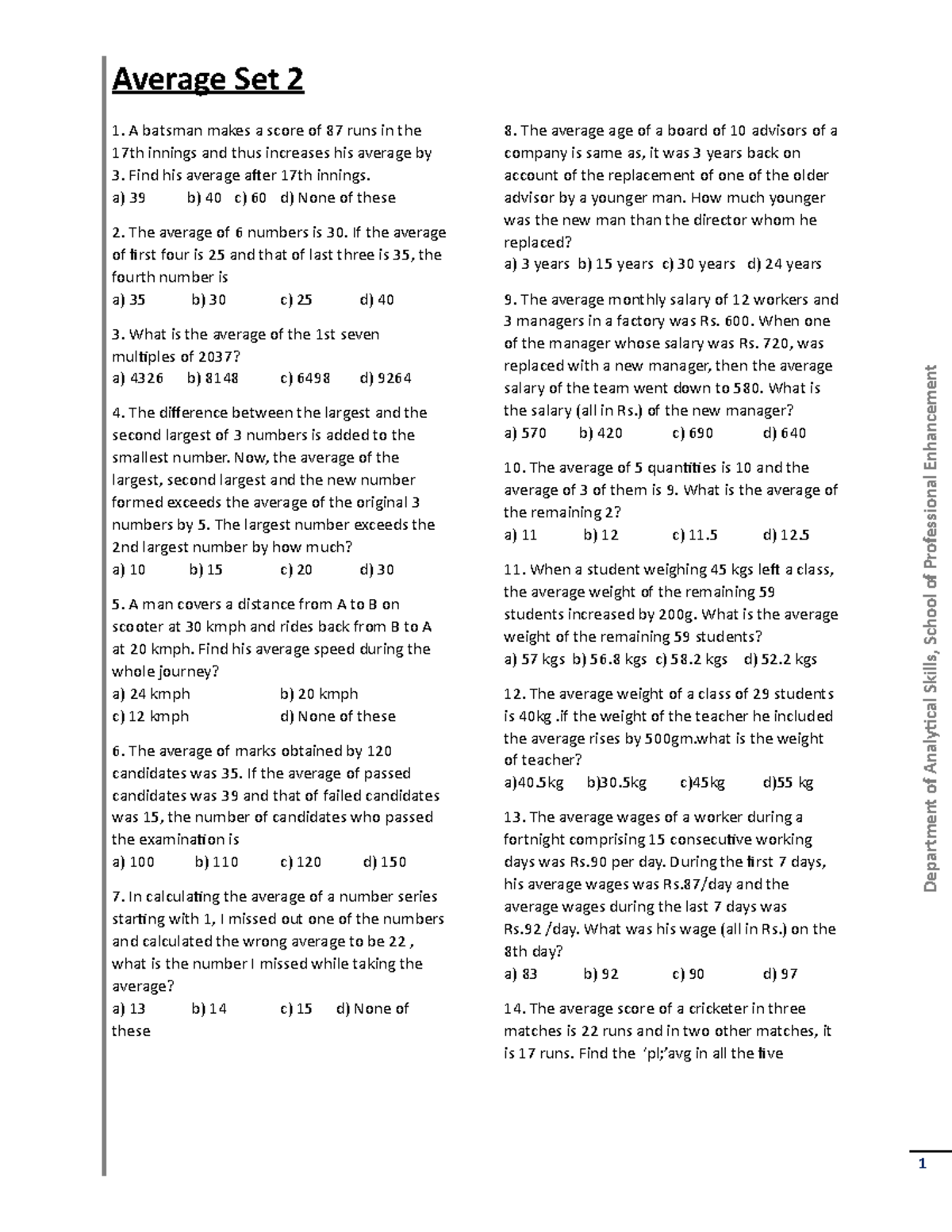 Average Set 2 - Practice questions - Average Set 2 A batsman makes a ...