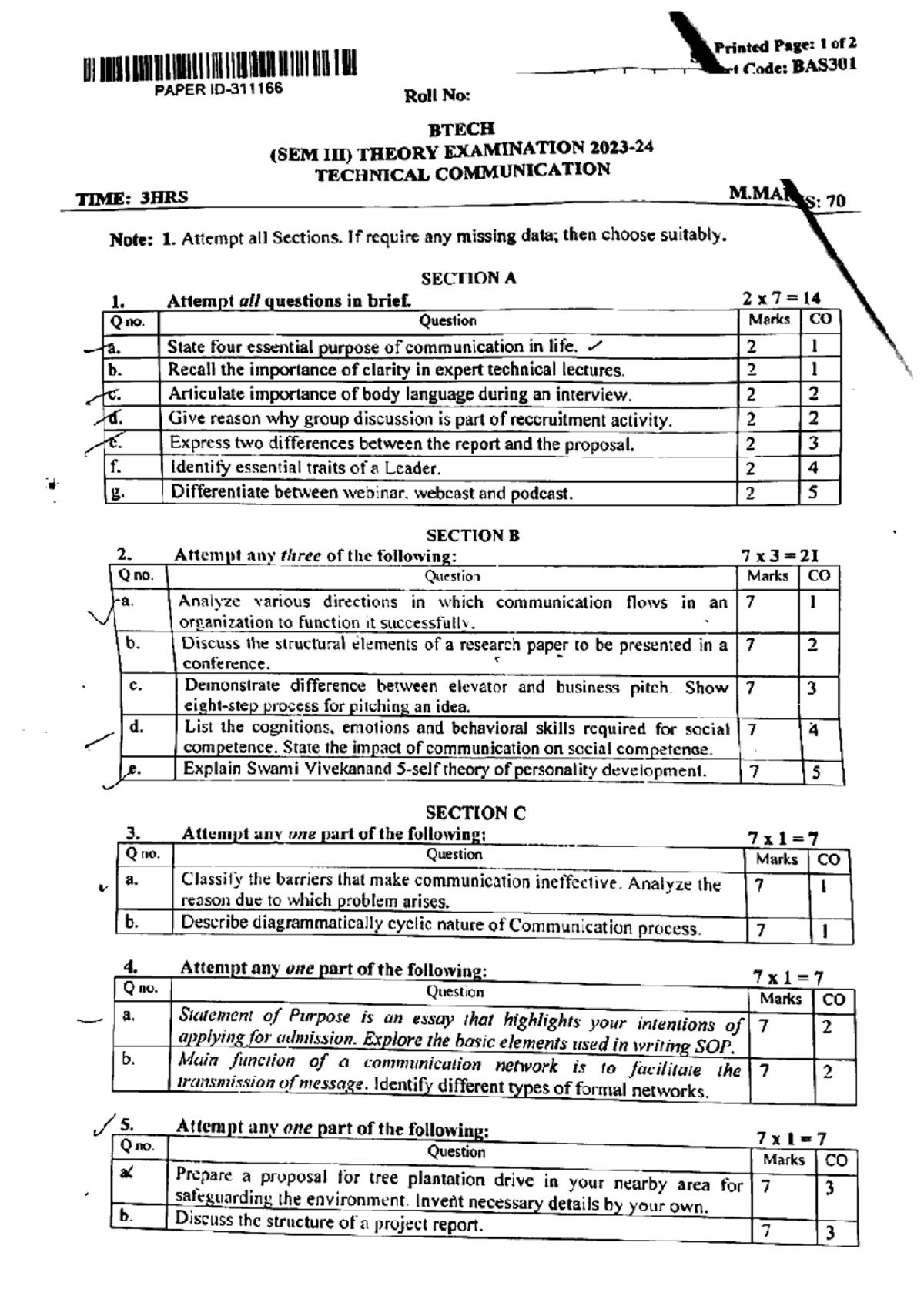Btech as 3 sem technical communication bas301 mar 2024 - Printed Page: 1 of 2 et Code: BAS301 ...