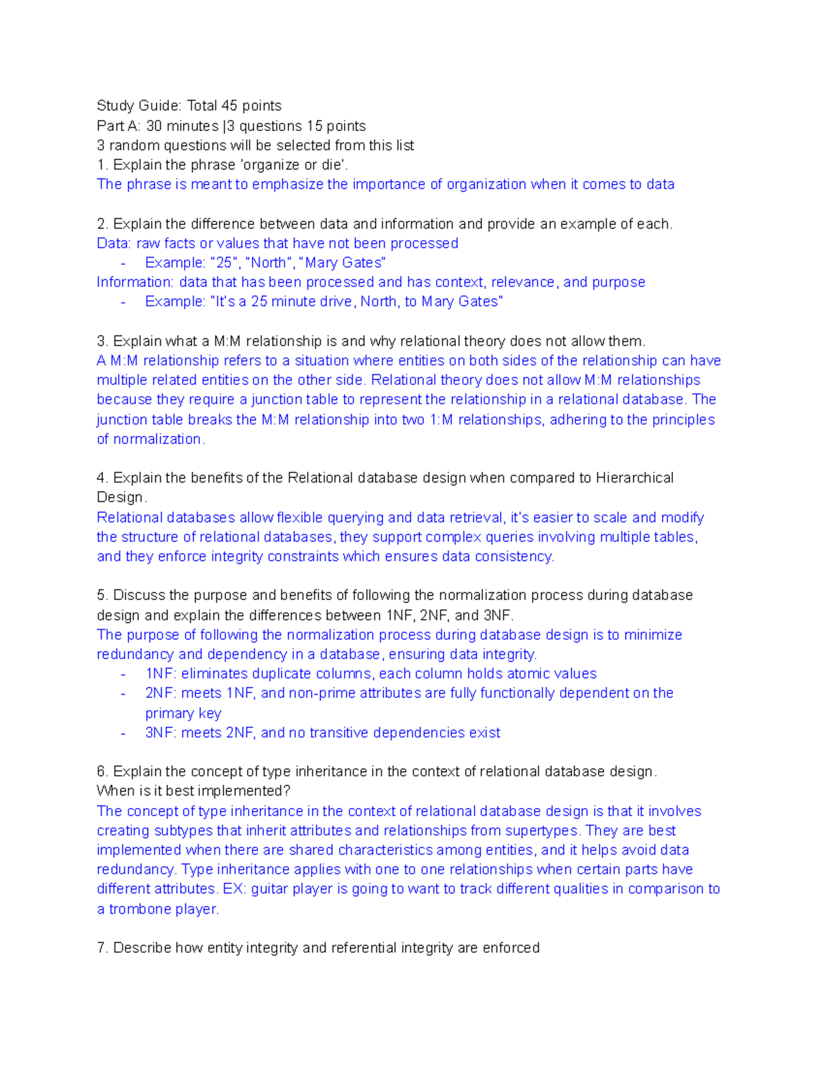 INFO 330 Study Guide - Study Guide: Total 45 points Part A: 30 minutes ...