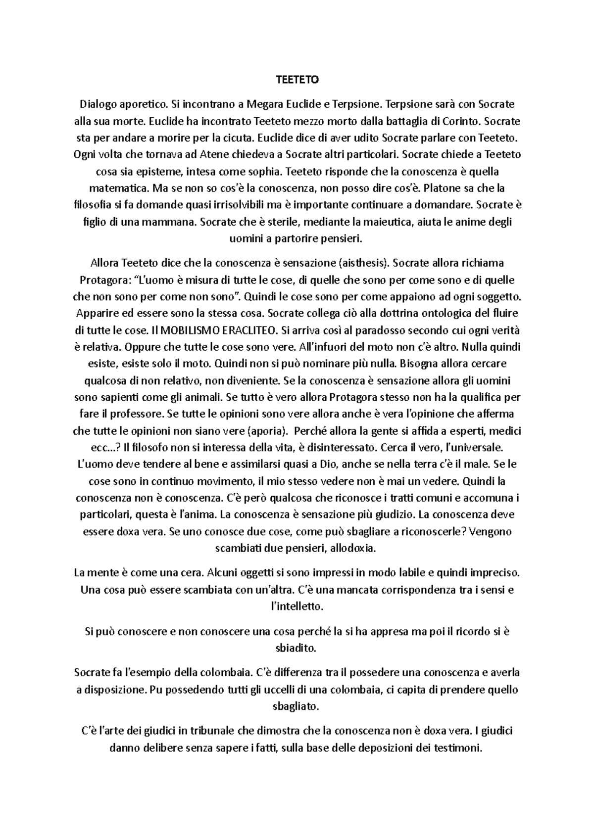 Riassunto del libro "Teeteto", Platone - TEETETO Dialogo aporetico. Si ...