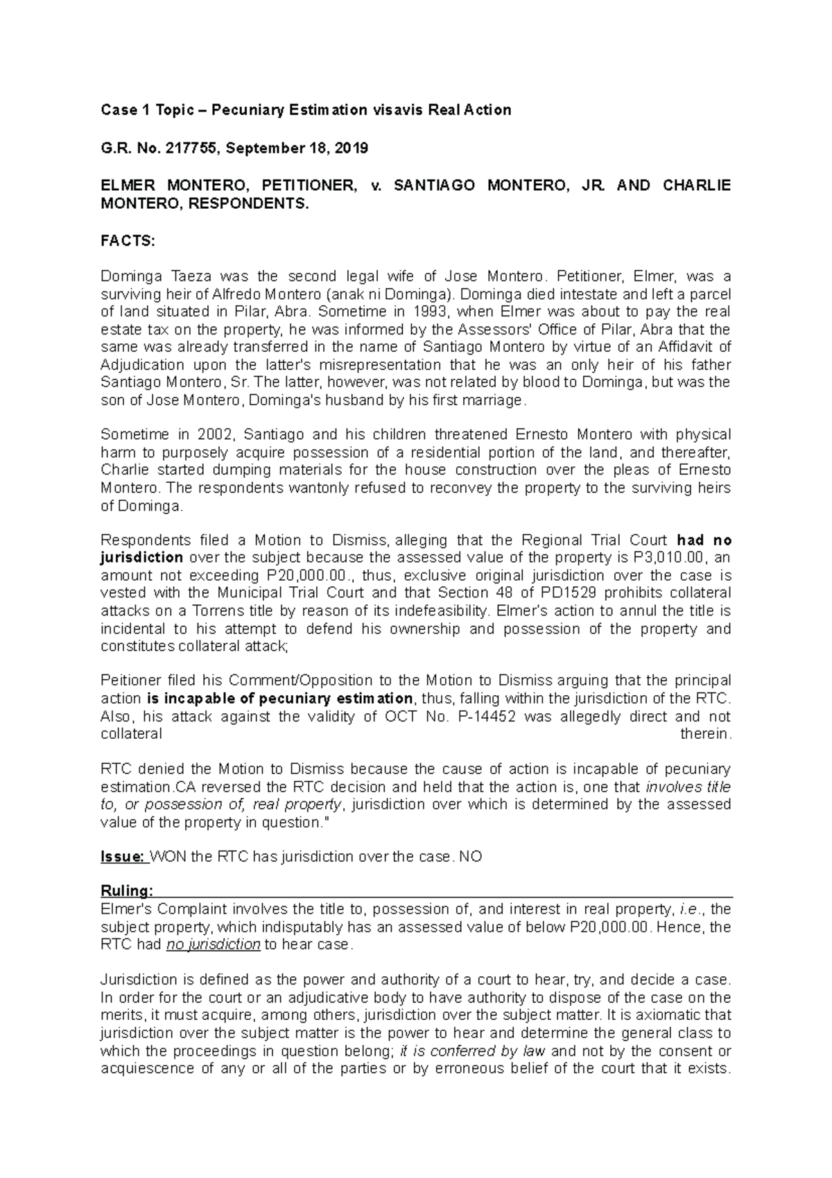 REM-REV-W2-CASE-1-10 - Case 1 Topic – Pecuniary Estimation visavis Real ...