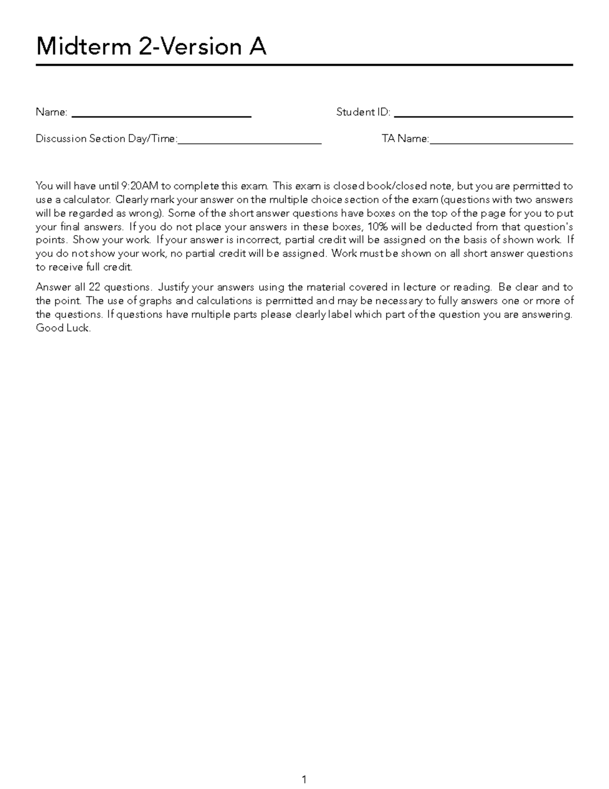 Midterm 2-AK A - Midterm 2 - Version A Name: Student ID: Discussion Section Day/Time: TA Name ...