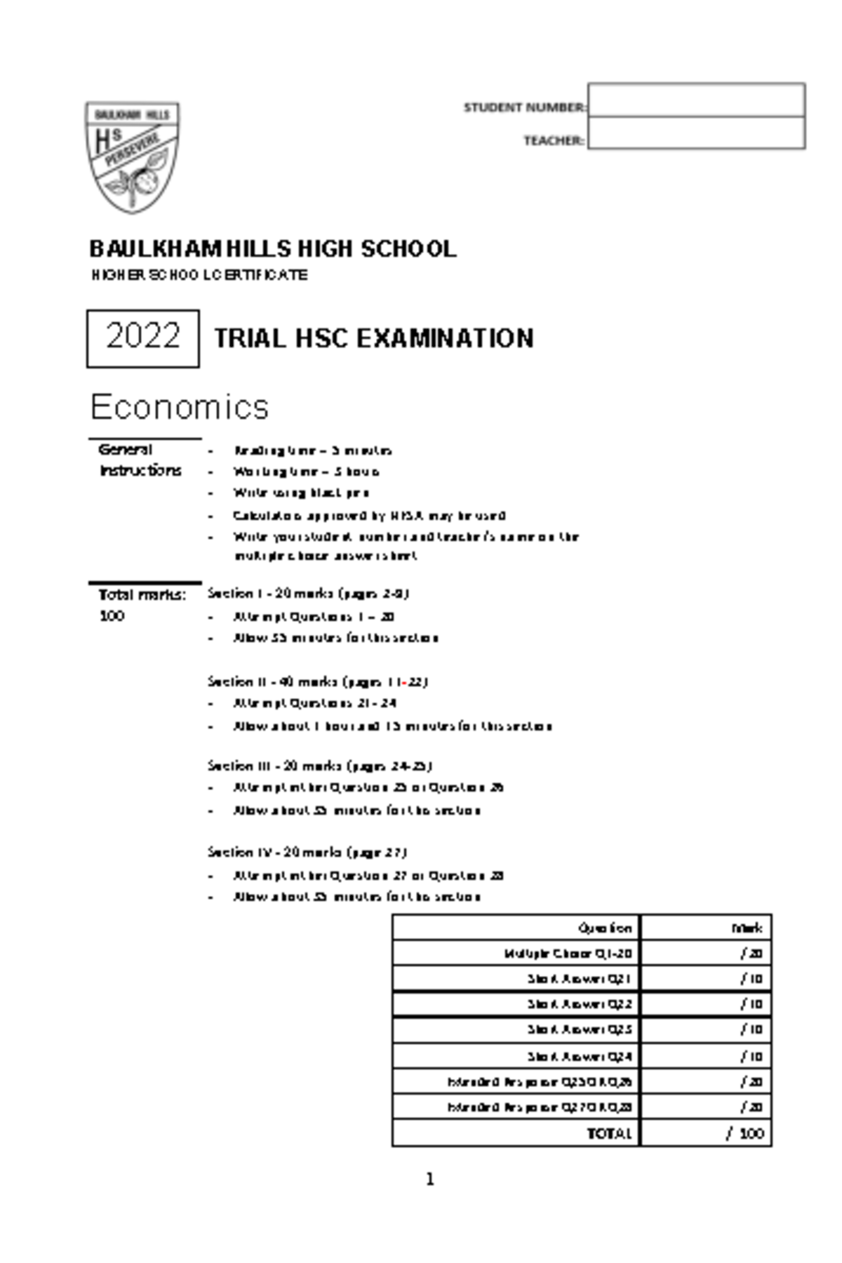 2022 HSC.Economics BHHS Trial - BAULKHAM HILLS HIGH SCHOOL HIGHER ...