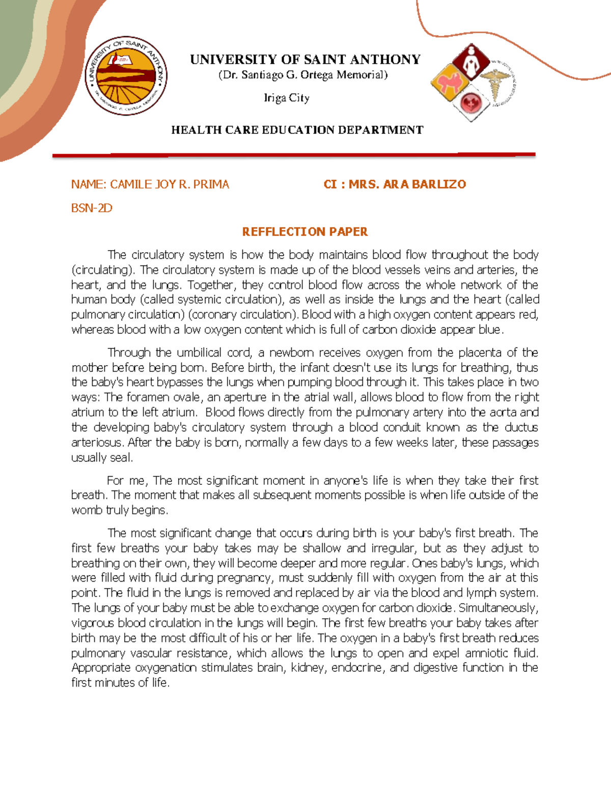 Reflection Paper- Pedia - UNIVERSITY OF SAINT ANTHONY (Dr. Santiago G ...