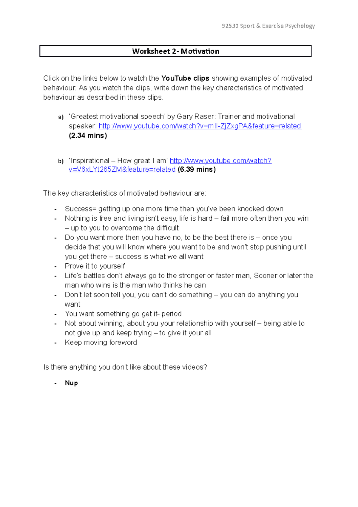 Week 2 worksheet - motivation - 92530 Sport & Exercise Psychology ...
